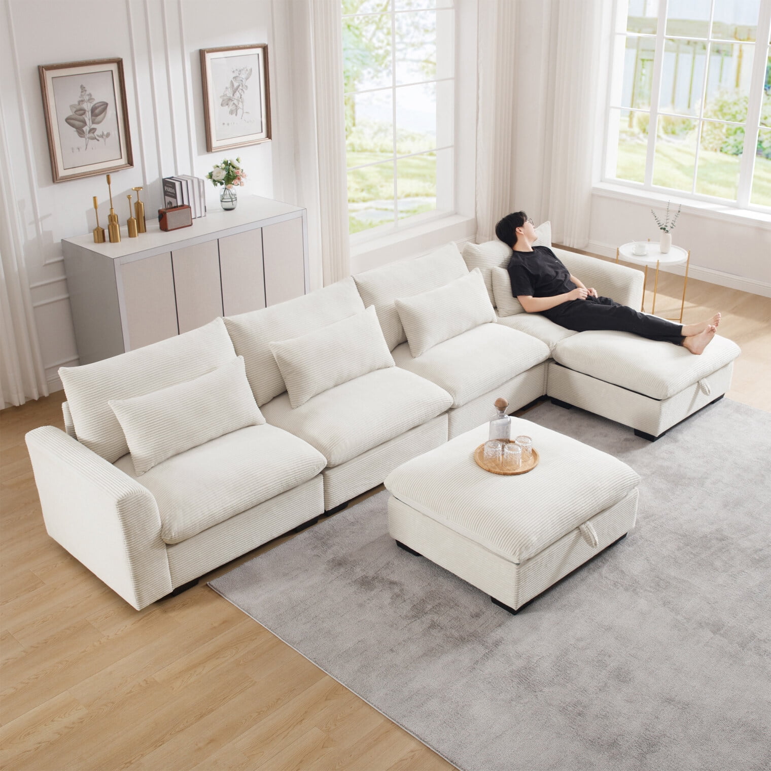 U-Shaped Corduroy Sectional Sofa for Living Room, 4-Seater with 2 ...