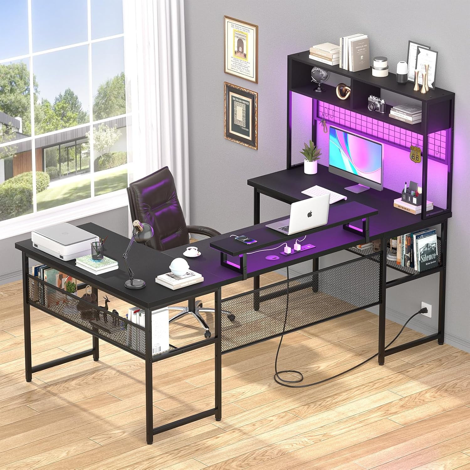 U Shaped Desk with Hutch, Reversible Office Desk with Power Outlets and ...