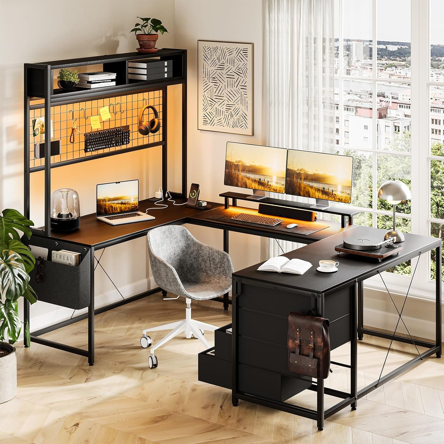 U-Shaped Desk with Monitor Stand and LED Lights - Large Gaming Desk ...
