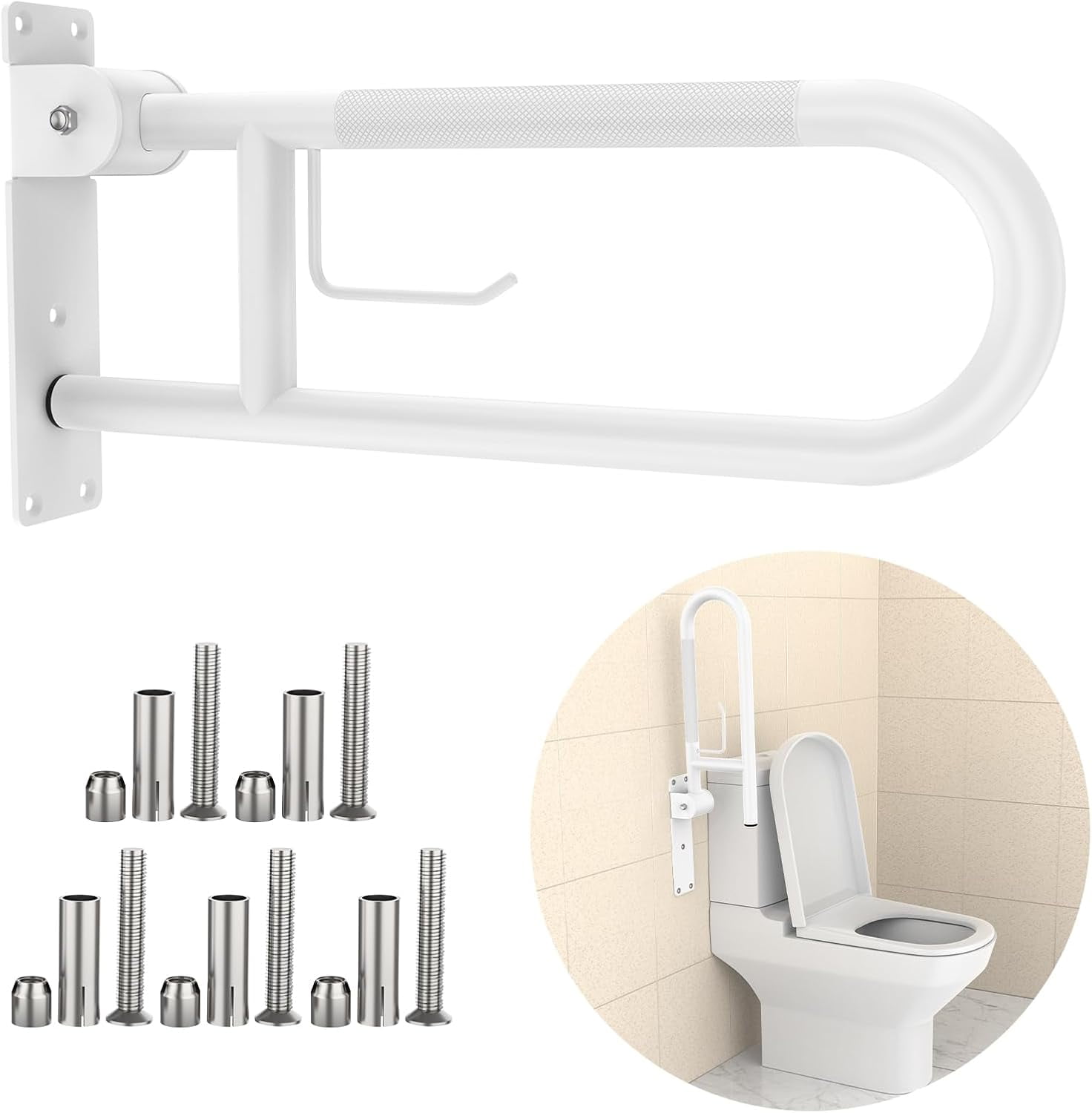 U Shaped Flip-Up Grab Bar with Paper Holder, 22.4 Inch White Anti-Slip ...