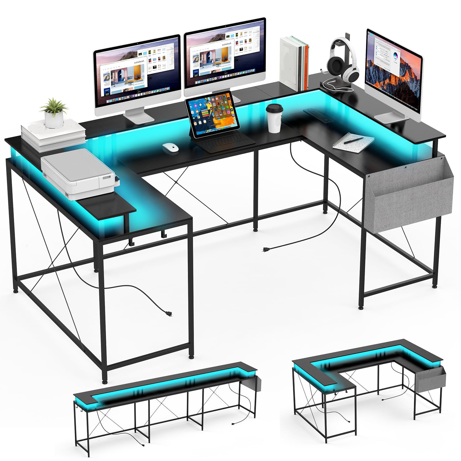 U Shaped Gaming Desk with Monitor Stand & LED Lights,79" Home Office ...
