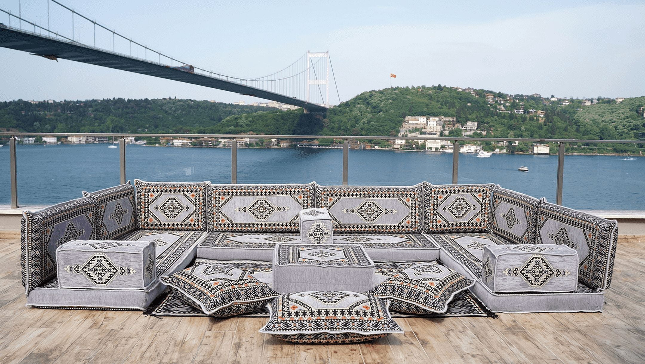 U Shaped Gray Arabic Sofa, Turkish Sofa Set with Floor Cushions ...