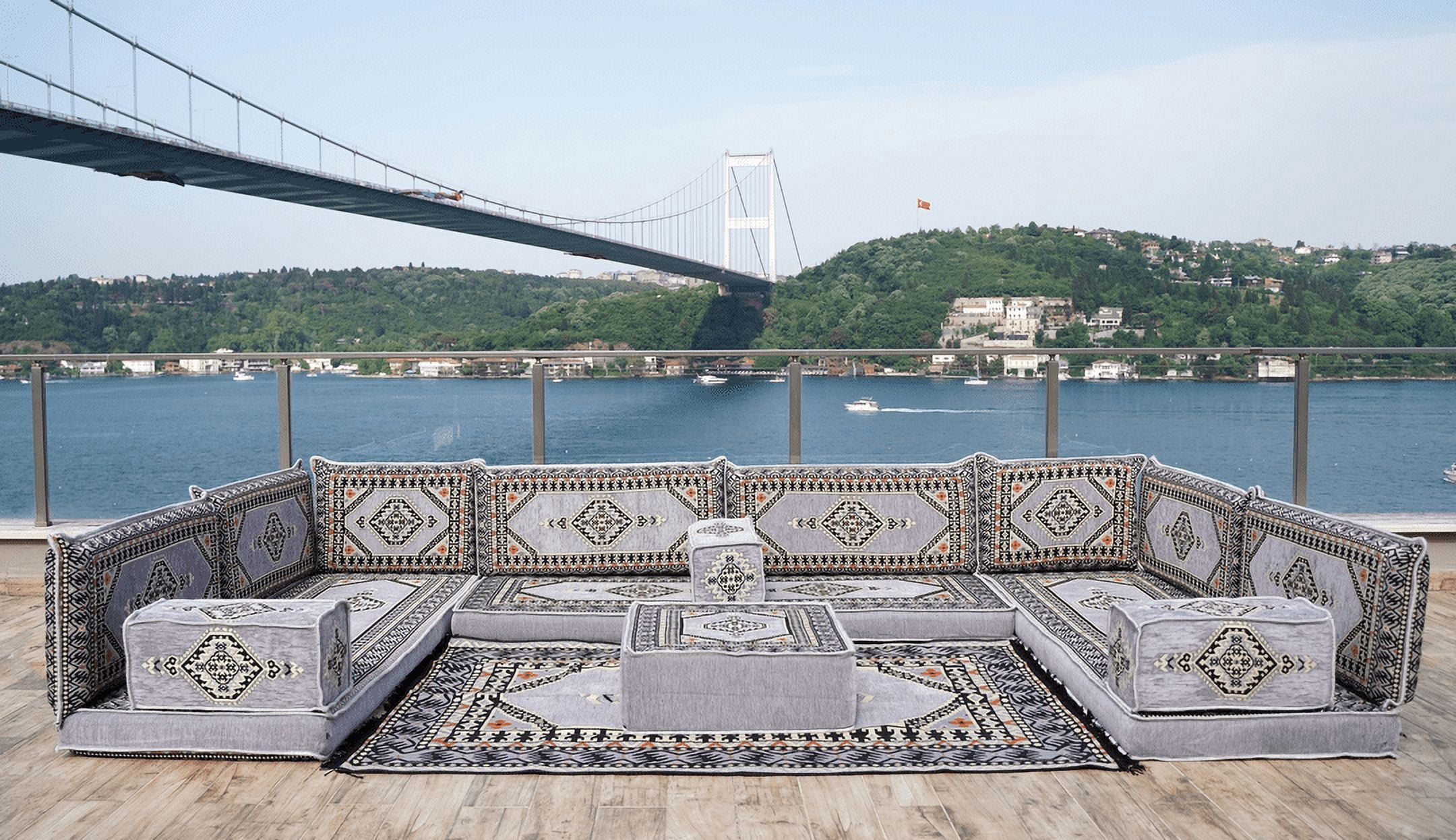 U Shaped Gray Arabic Sofa, Turkish Sofa Set with Floor Cushions ...