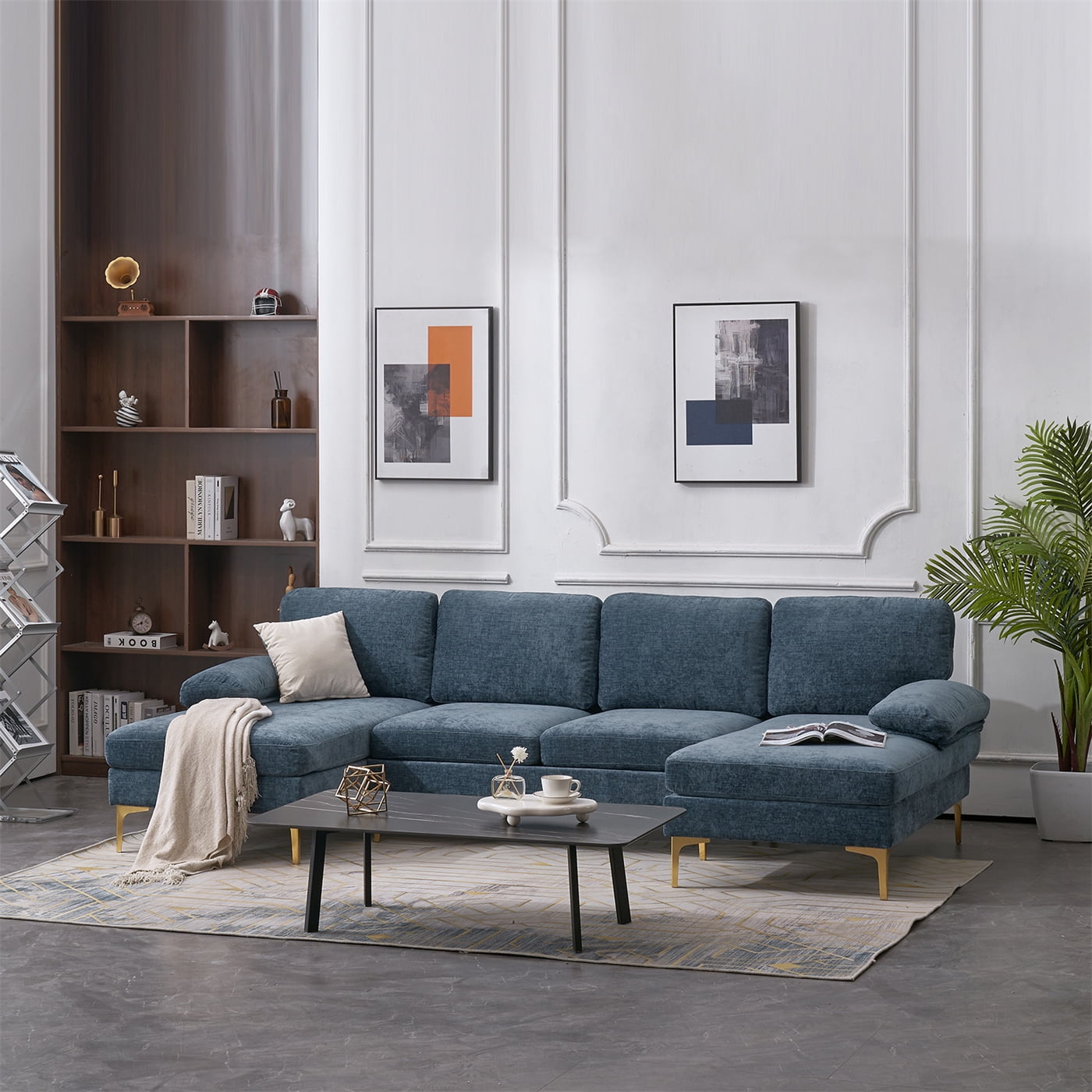 Walmart U-Shaped 4-Seat Chenille Sofa with Double Chaise, Gold-Plated Feet, Grey-Blue - Walmart.com