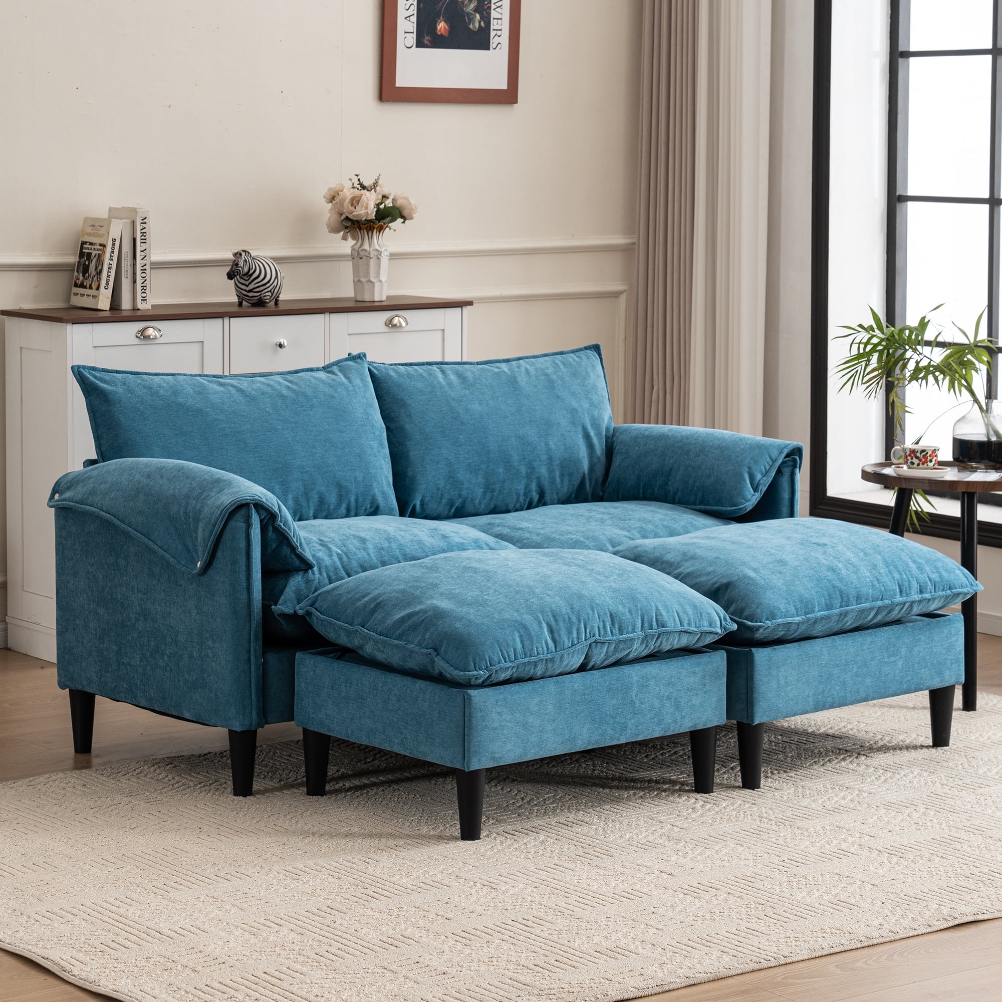 U-Shaped Loveseat Sofa, Sectional Sofa Couch with Storage Footstools, 2 ...
