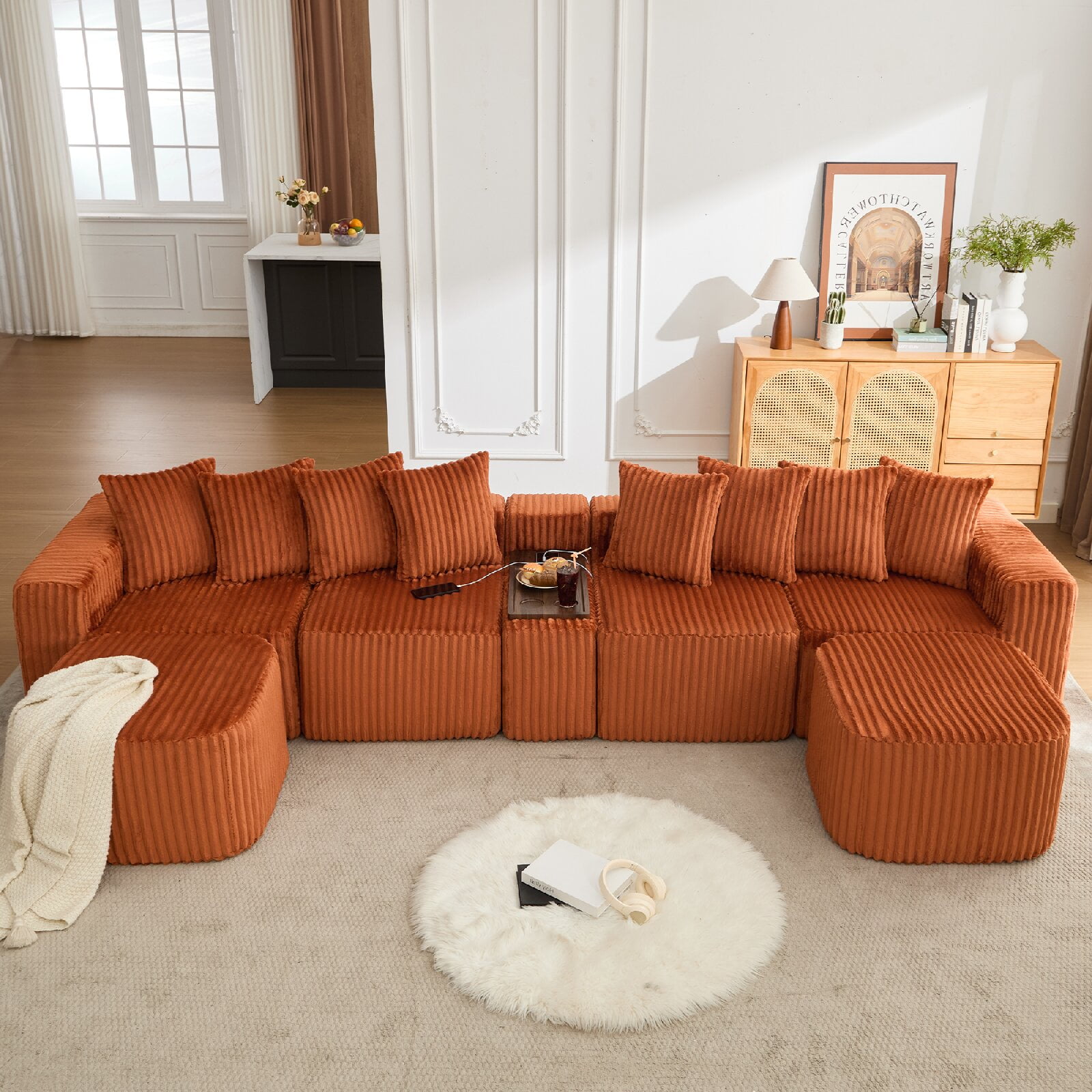 U-Shaped Modern Sectional Sofa with USB & Wireless Charge and Coffee ...