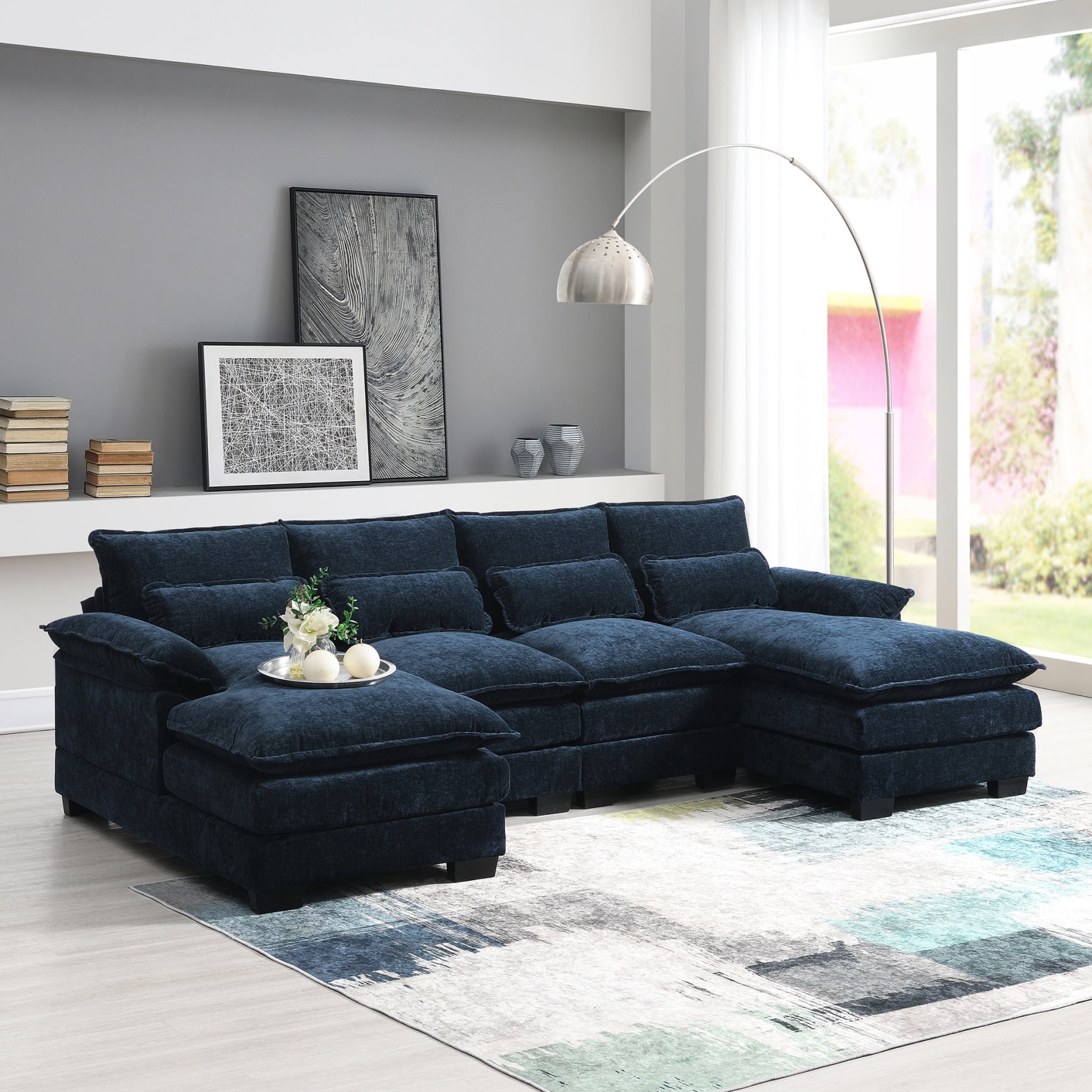 U-Shaped Modular Sectional Sofa, 110" Dark Blue Chenille Convertible ...