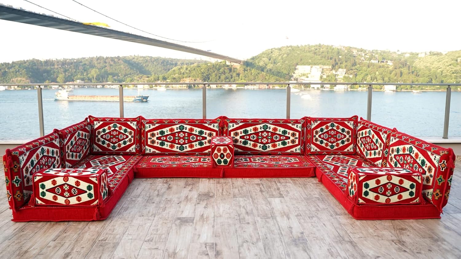 U Shaped Red Arabic Sofa, Turkish Sofa Set with Floor Cushions, Sleeper ...