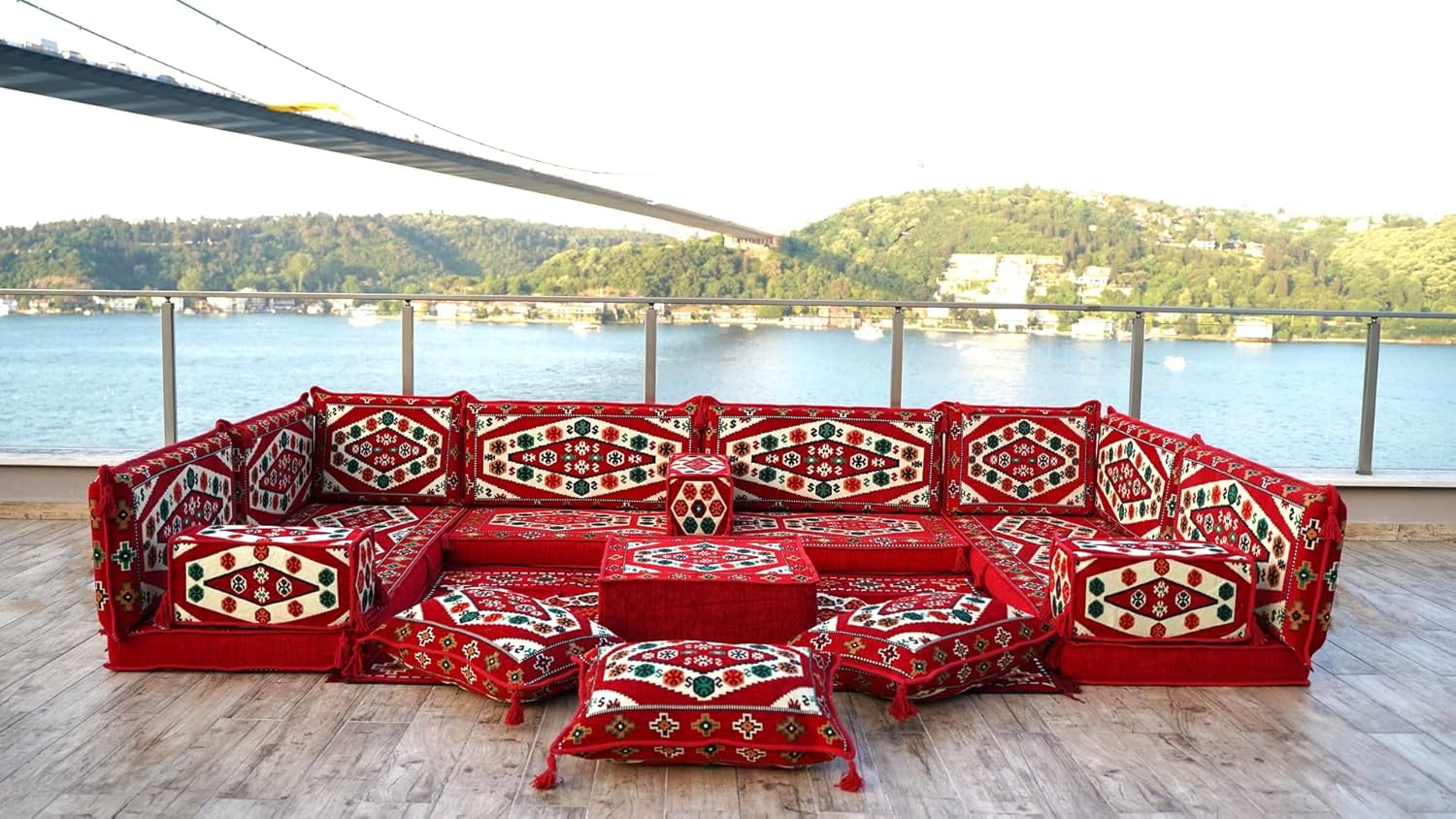 U Shaped Red Arabic Sofa, Turkish Sofa Set with Floor Cushions, Sleeper ...