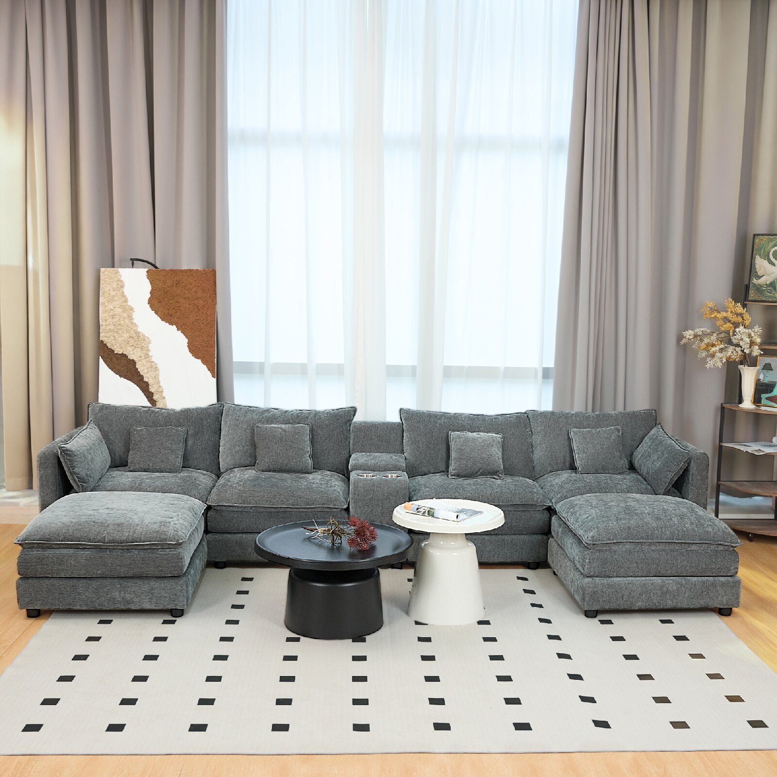 U Shaped Sectional Cloud Couch with Movable Ottoman and 2 Cup Holders ...