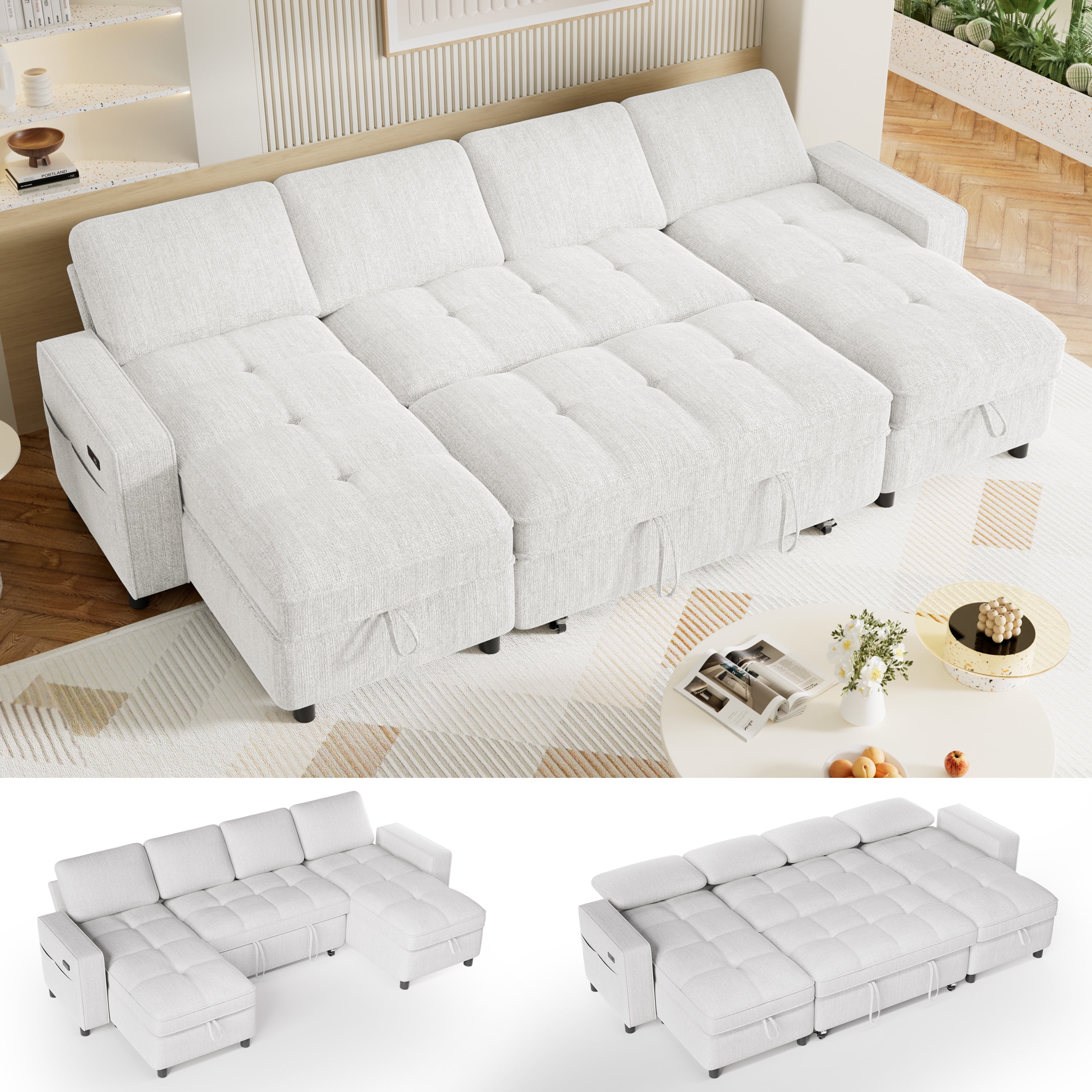 U-Shaped Sectional Sleeper Sofa Bed 105", Pull-Out Bed with 5-Position ...