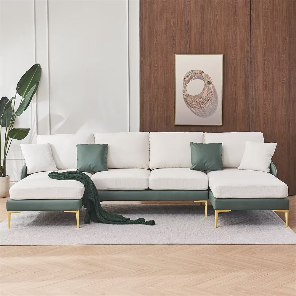 U-Shaped Sectional Sofa, 108.5" Modern Large Linen+Leathaire Fabric ...