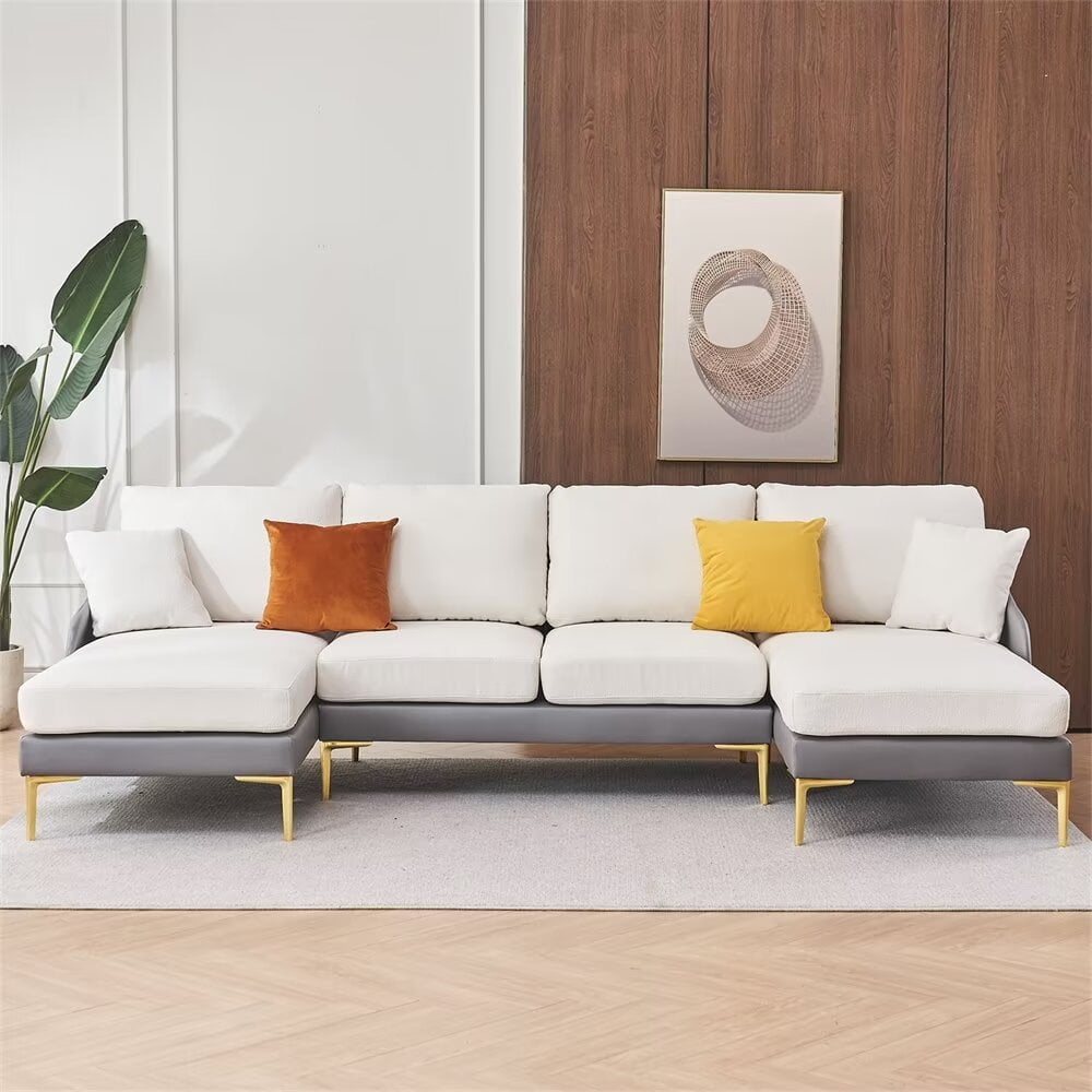 U-Shaped Sectional Sofa, 108.5" Modern Large Linen+Leathaire Fabric ...