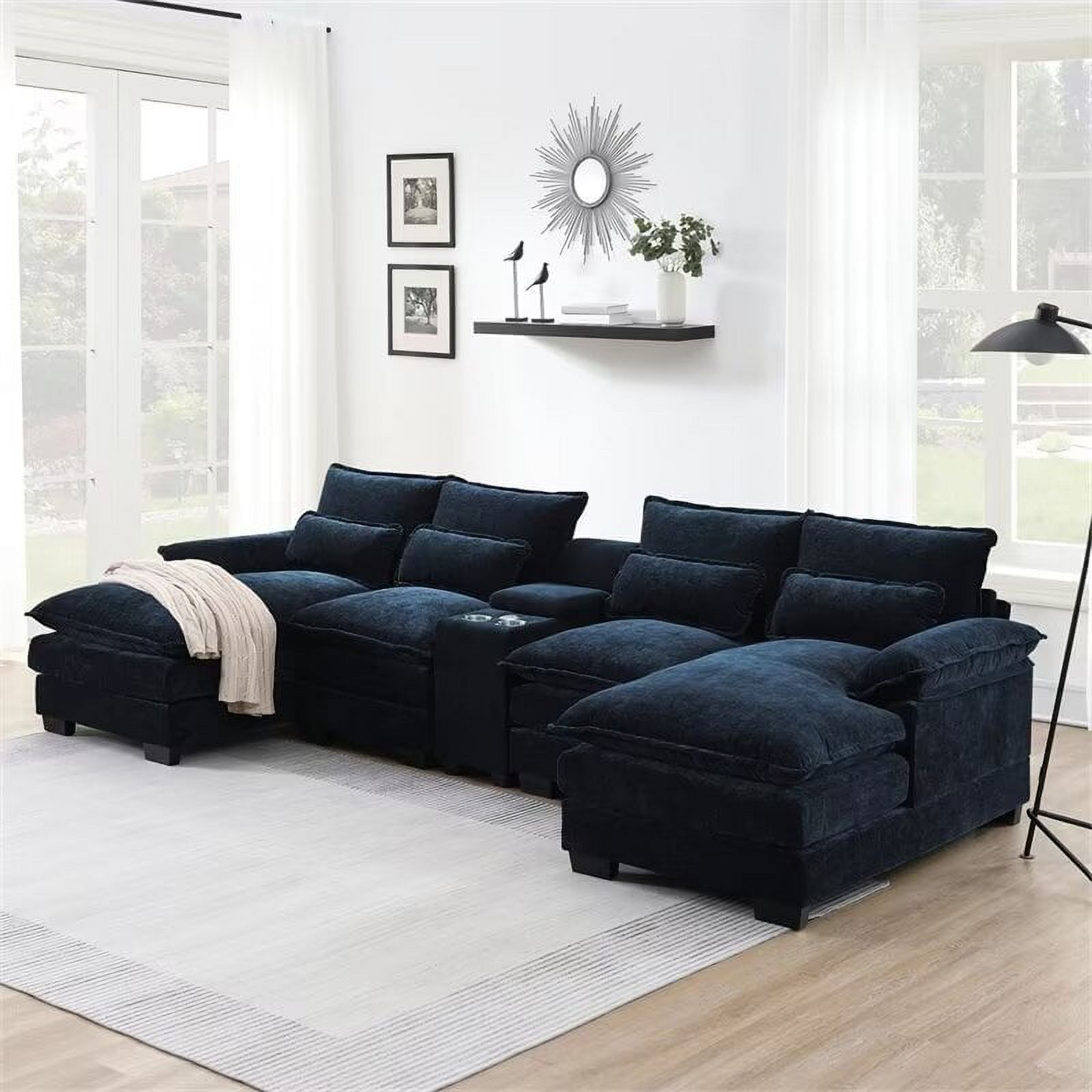U-Shaped Sectional Sofa with Console, Cupholders and USB Ports, 123.5 ...