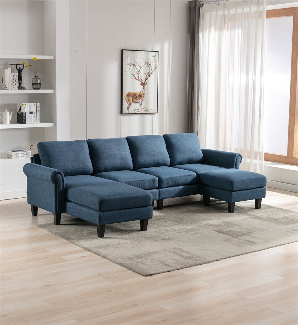 U-Shaped Sectional Sofa Couch, 108 Inch Modern Linen Fabric Upholstered ...