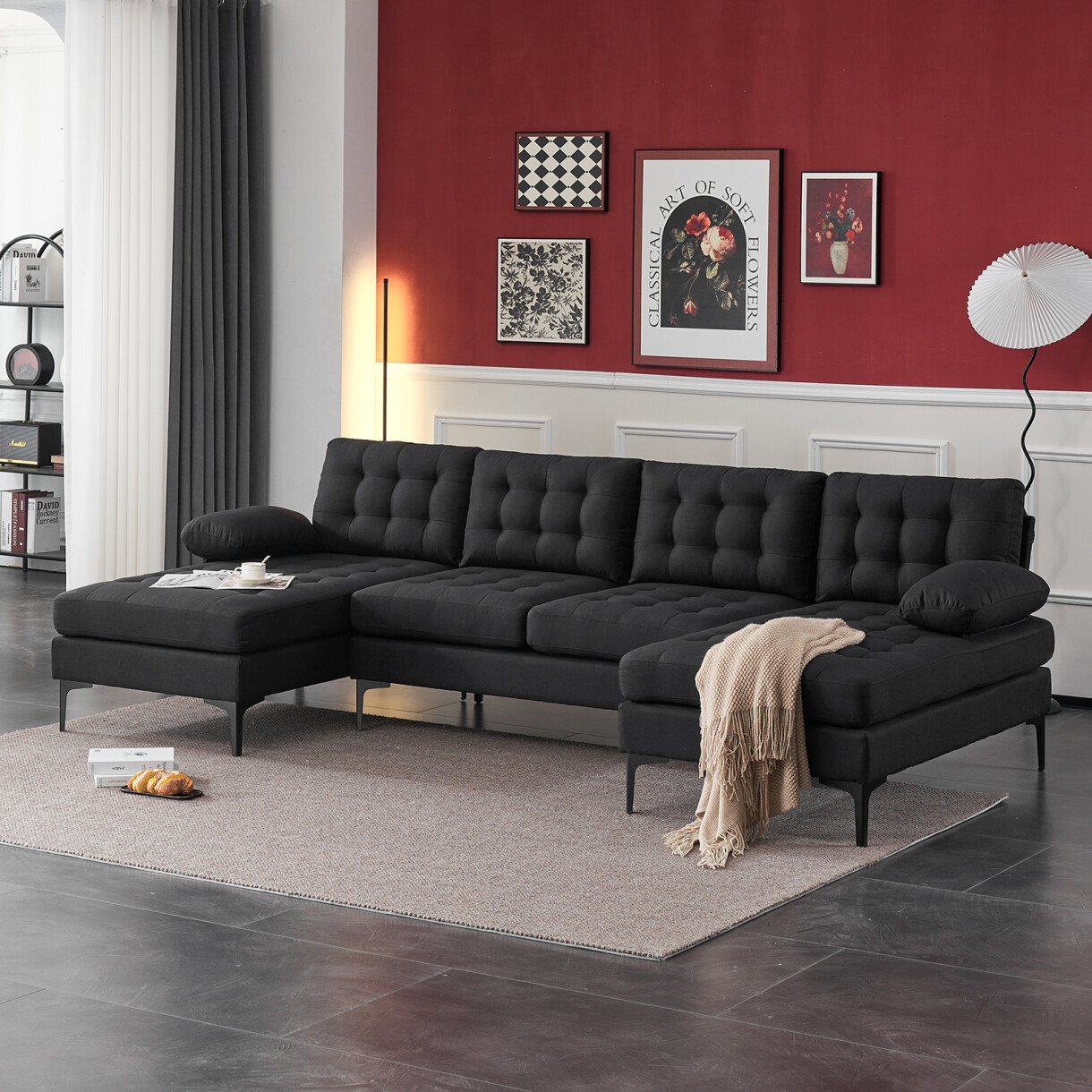 U-Shaped Sectional Sofa, Linen Upholstered Modular Sofa with Soft ...