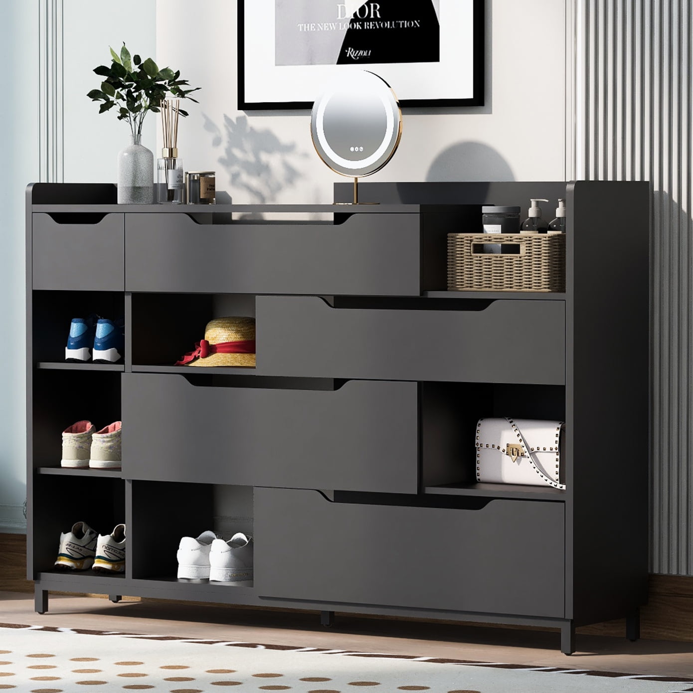 U-Shaped Shoe Storage Cabinet with 5 Drawers and 7 Room Shelves ...