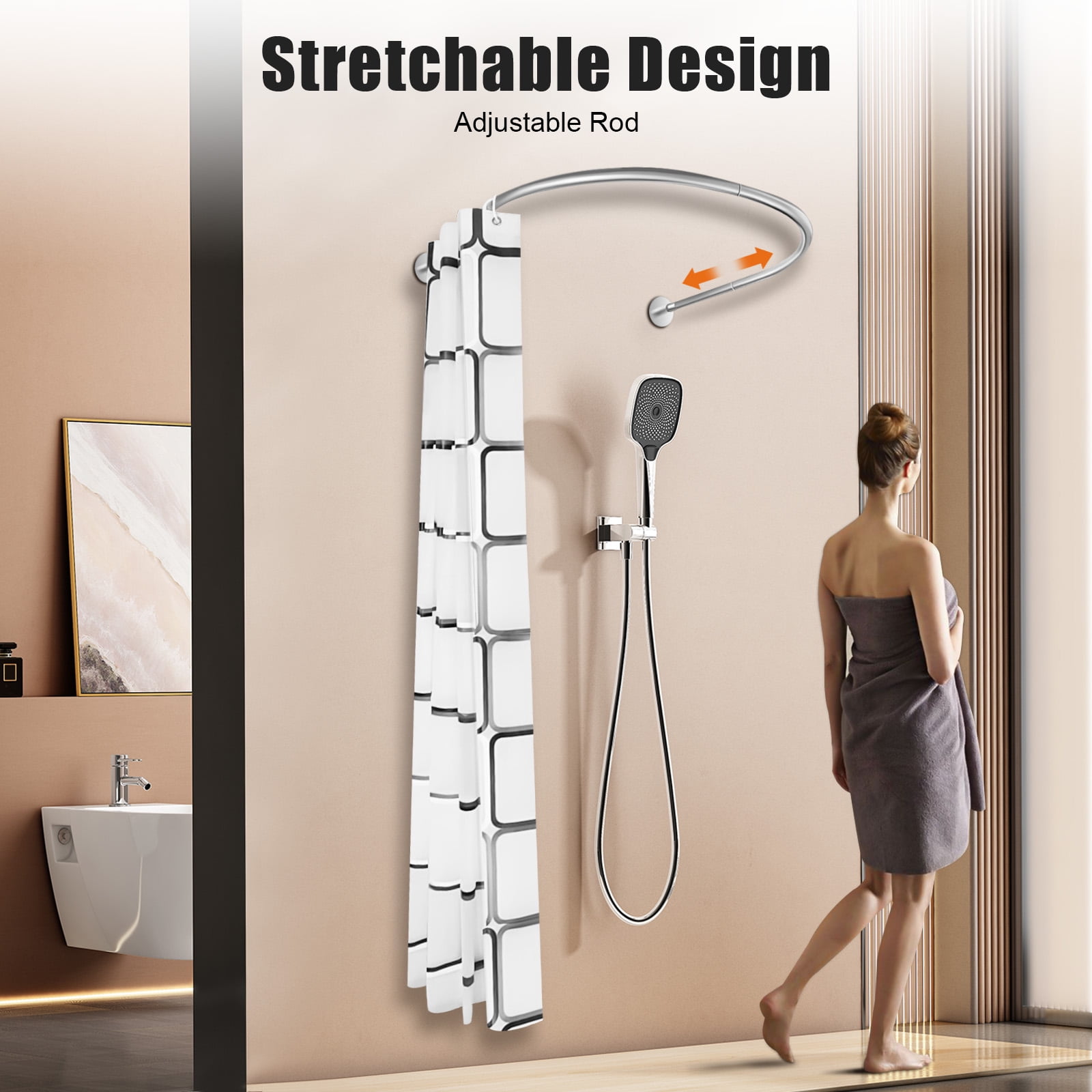 U-Shaped Shower Curtain Rod Set - Adjustable, No-Drill Installation ...