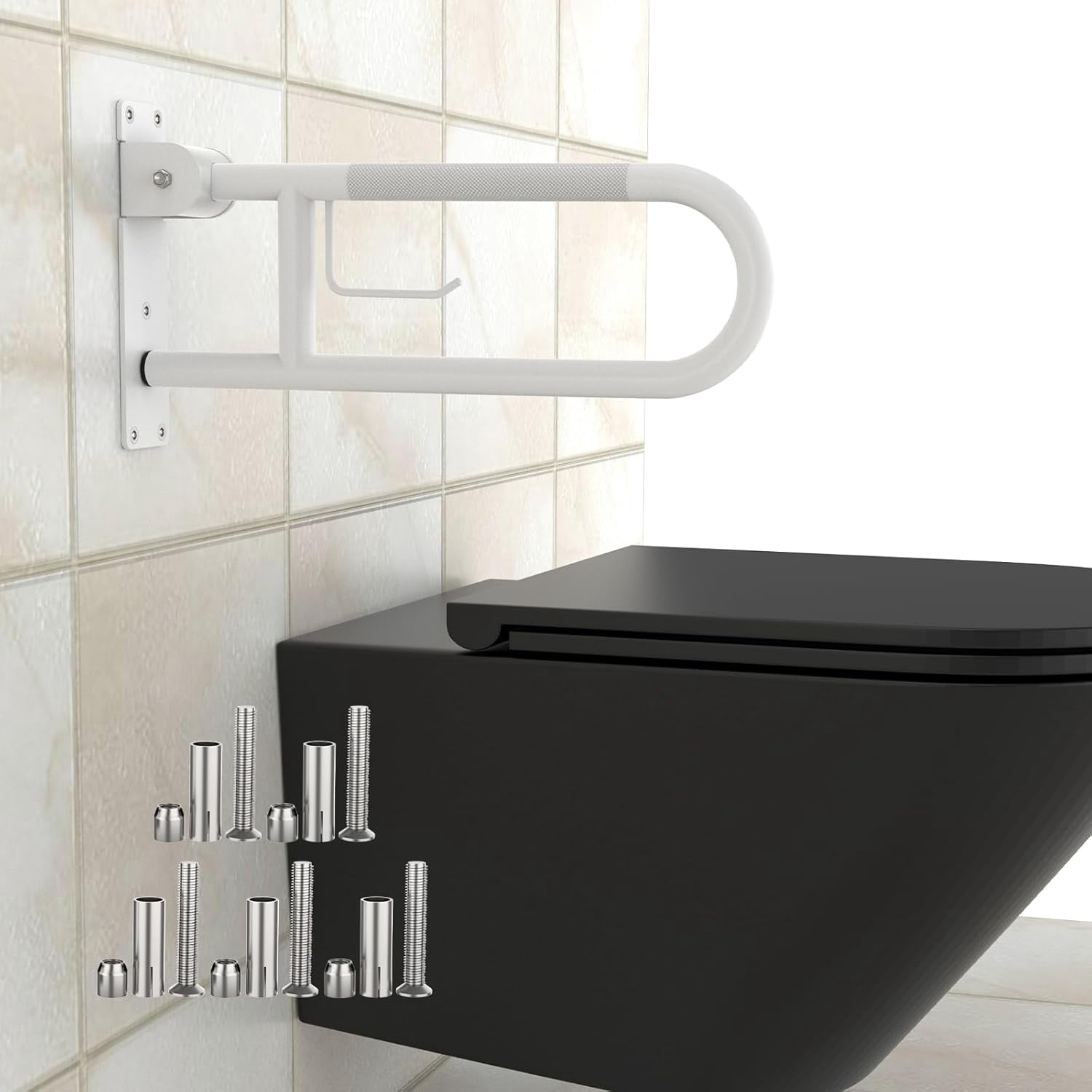 U Shaped Toilet Grab Bar 22.4 Inch, White Anti-Slip Support Rail, Flip ...