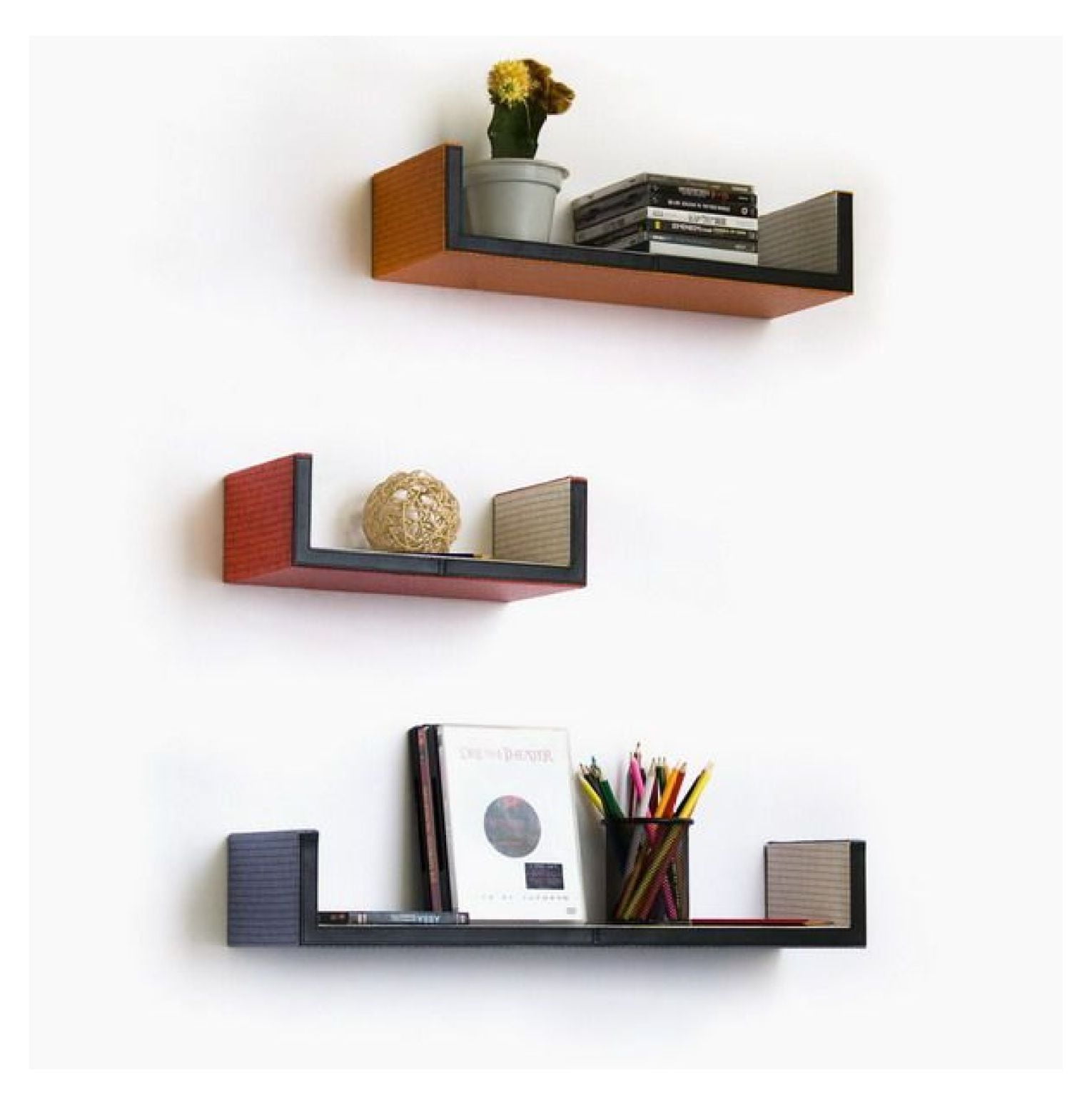 U Shaped Wall Shelves Set of 3 - Leather Floating Shelves - Modern Wall Decor for Books, Photos ...