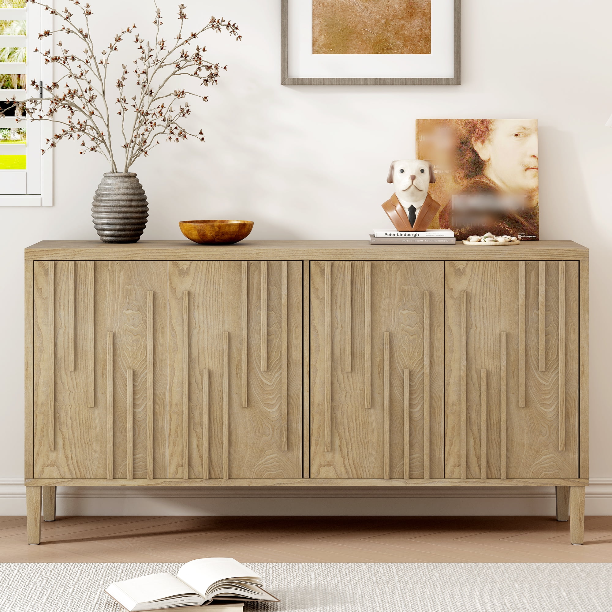 U_Style 59.8" 4-Door Sideboard,Hidden Handle,Distinctive Solid Ash ...