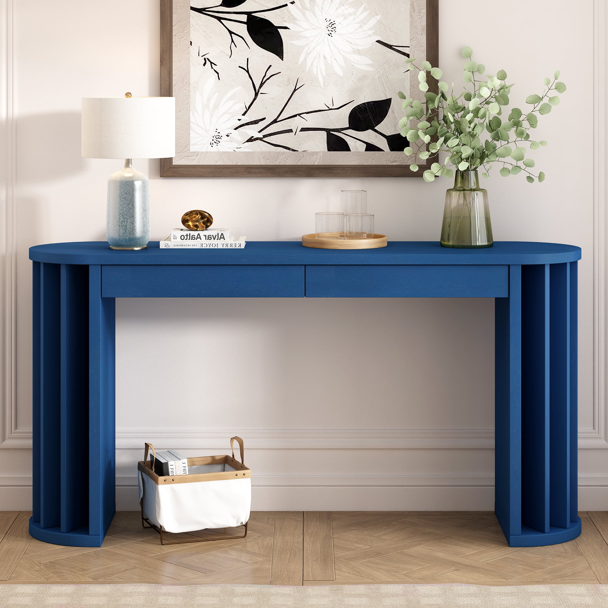 U_Style 59-inch Long Console Table,Oak Veneer Sofa Table,Curved and ...
