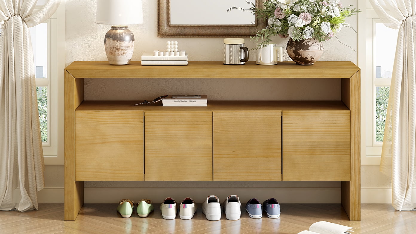 U_Style 60" 4-Door Sideboard, Modern Minimalist Solid Wood Veneer Sideboard with Open Shelf ...