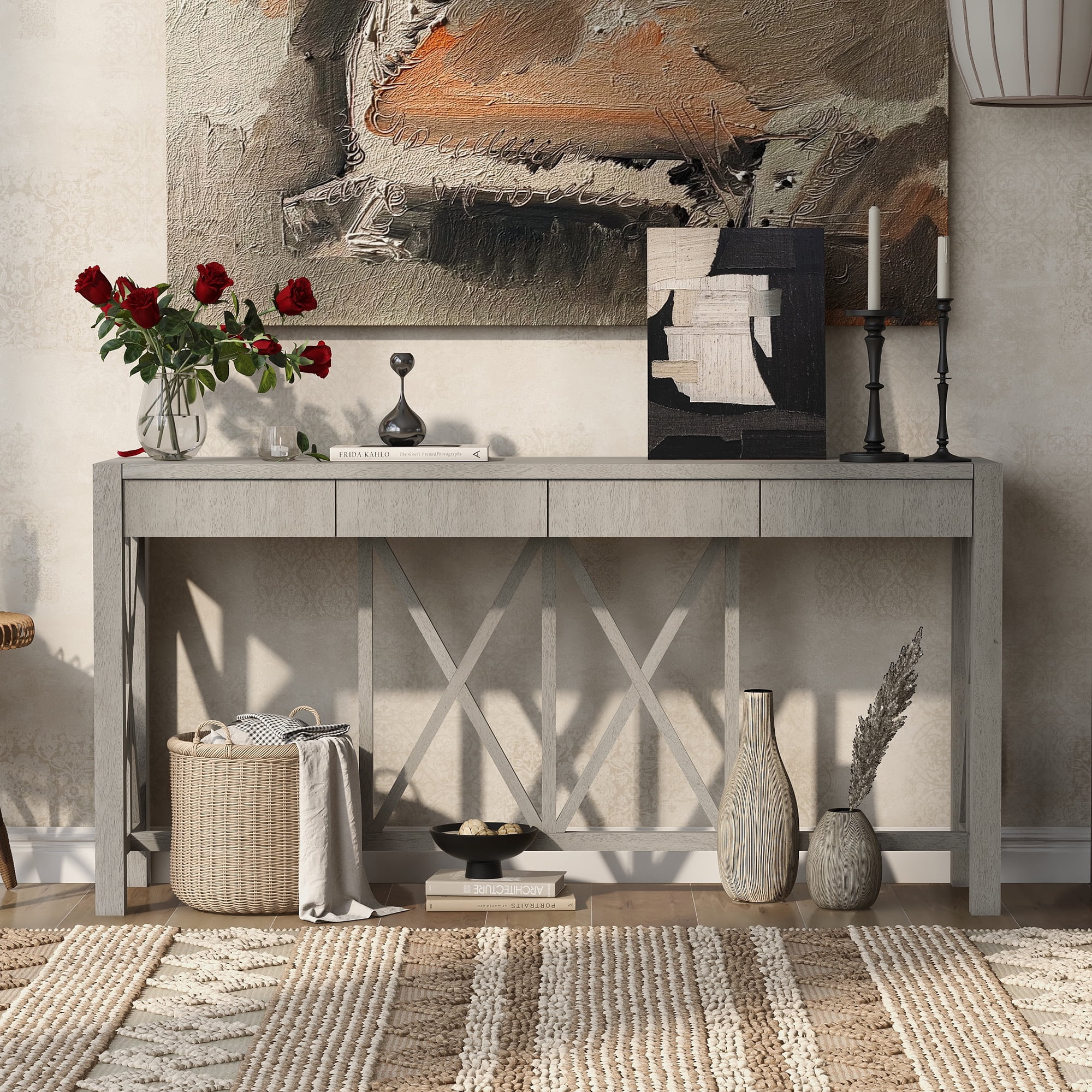 U_Style 60''Acacia Veneer Console Table with 4 Spacious Drawers, Modern ...
