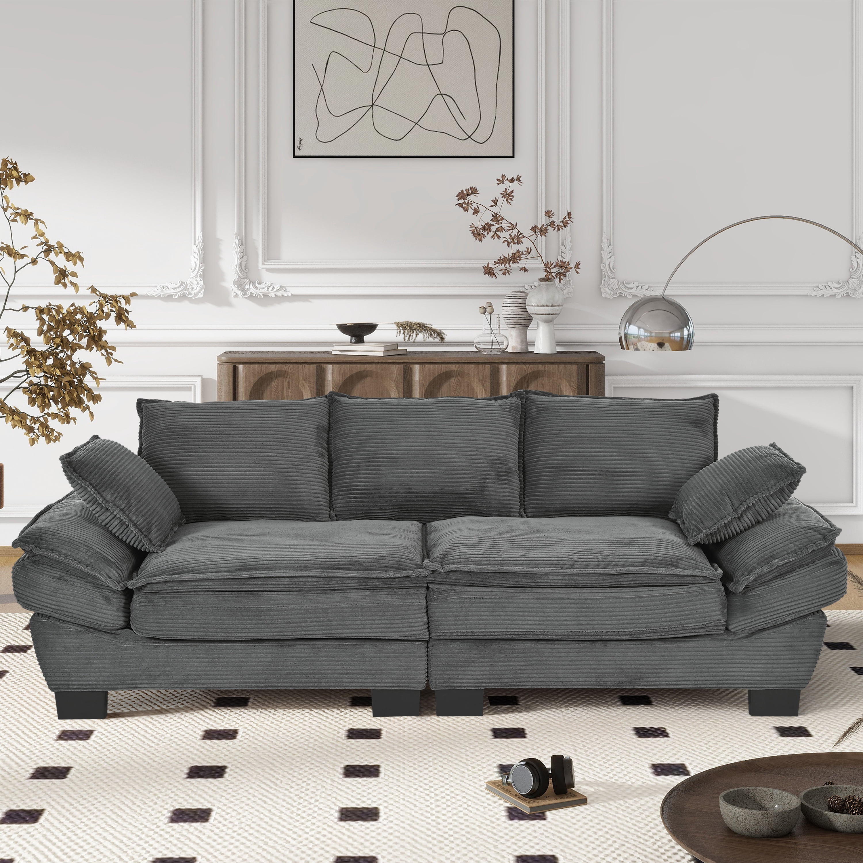 U-Style 85.4" Modern Curved Sofa, Back Upholstered Couch with 2 ...