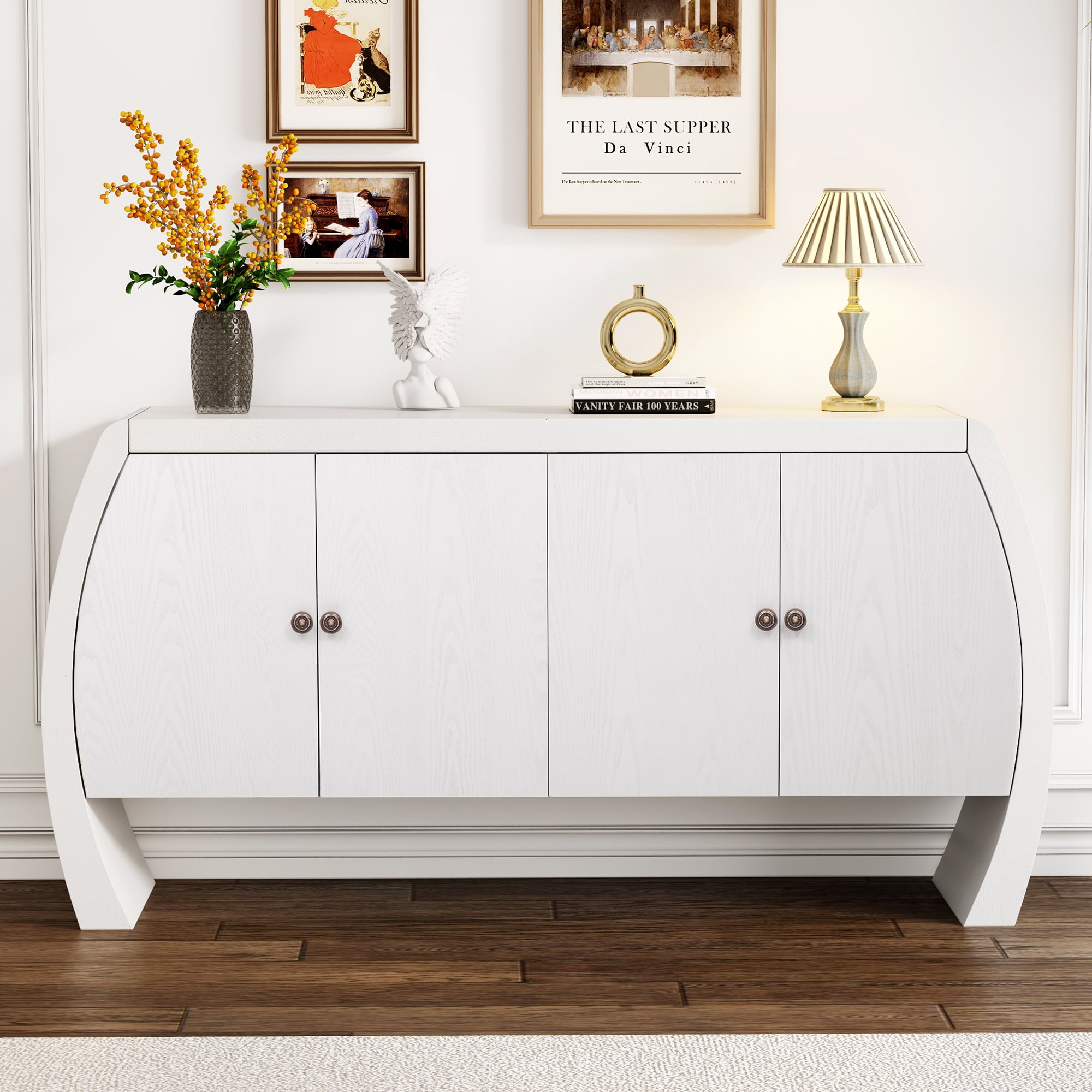 U-Style Four-Door Ash Veneer Storage Cabinet with Curved Legs ...