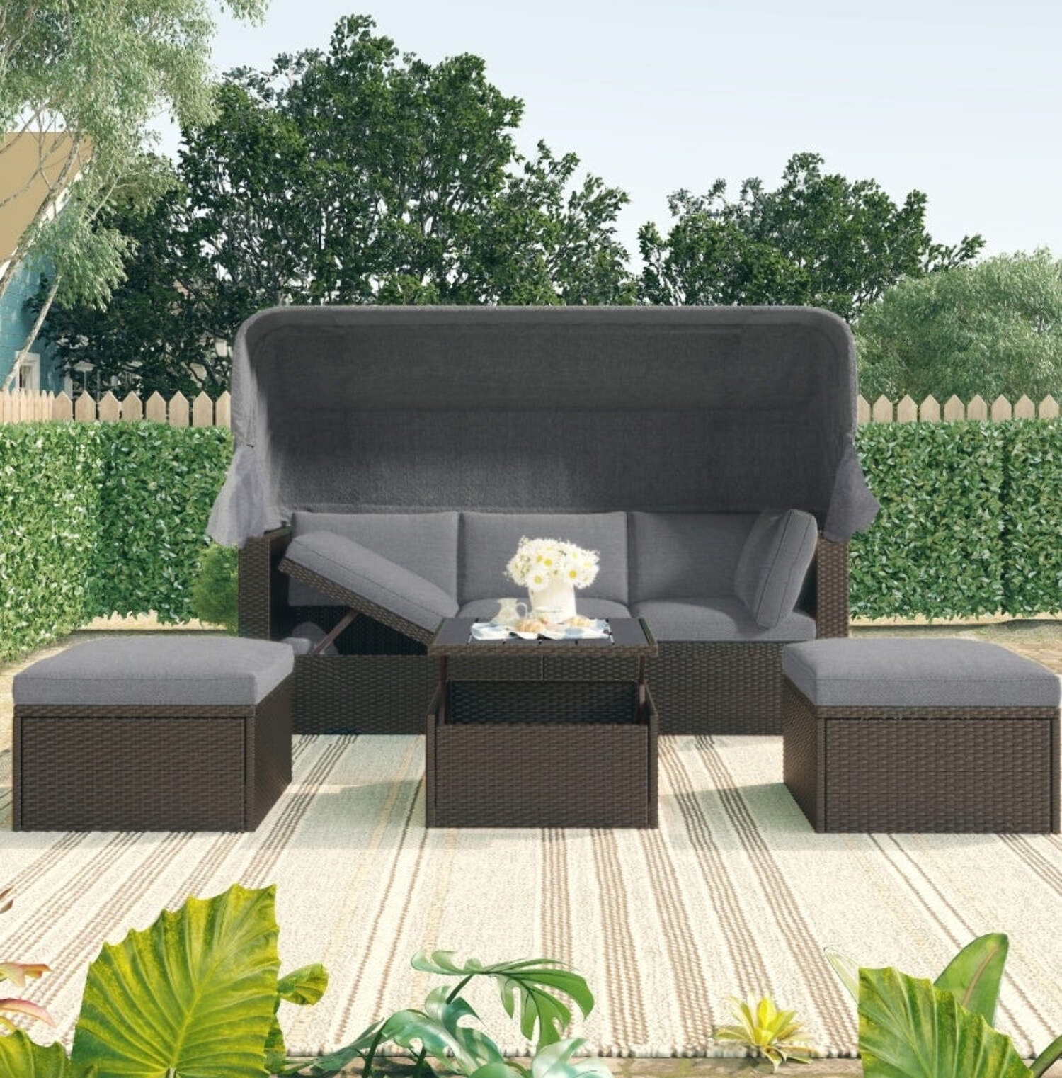 U Style Patio Rectangle Daybed With Canopy, Wicker Sectional Seating ...