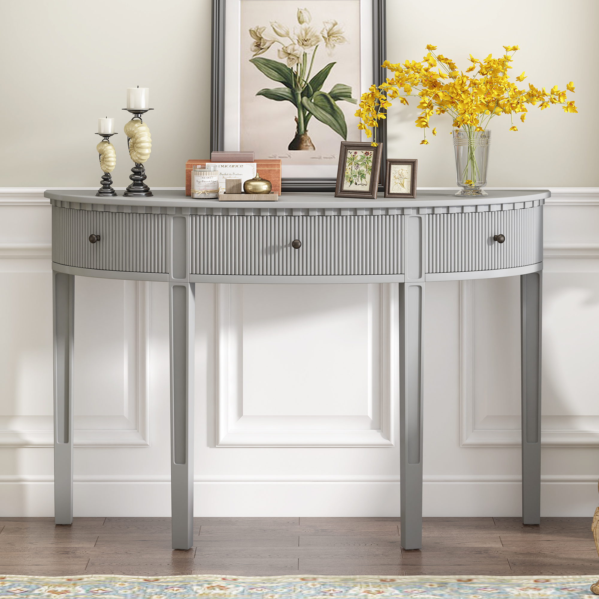 U-Style Pine Veneer Console Table with Vertical Stripe Drawer Fronts ...