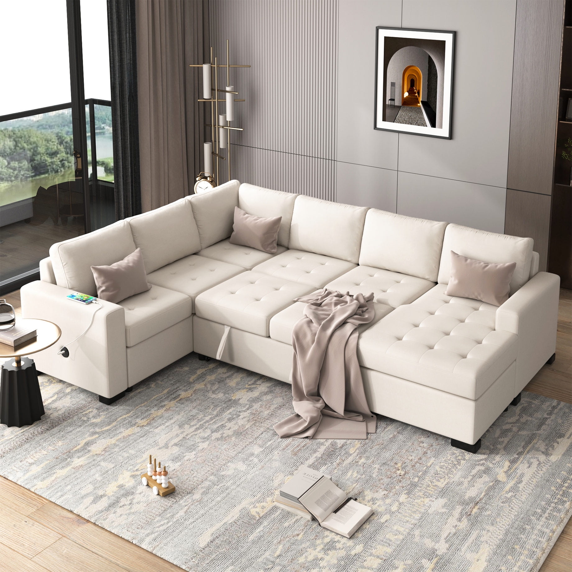 U-Style Sectional Sleeper Sofa with Pull-out Bed and Lounge Chair ...