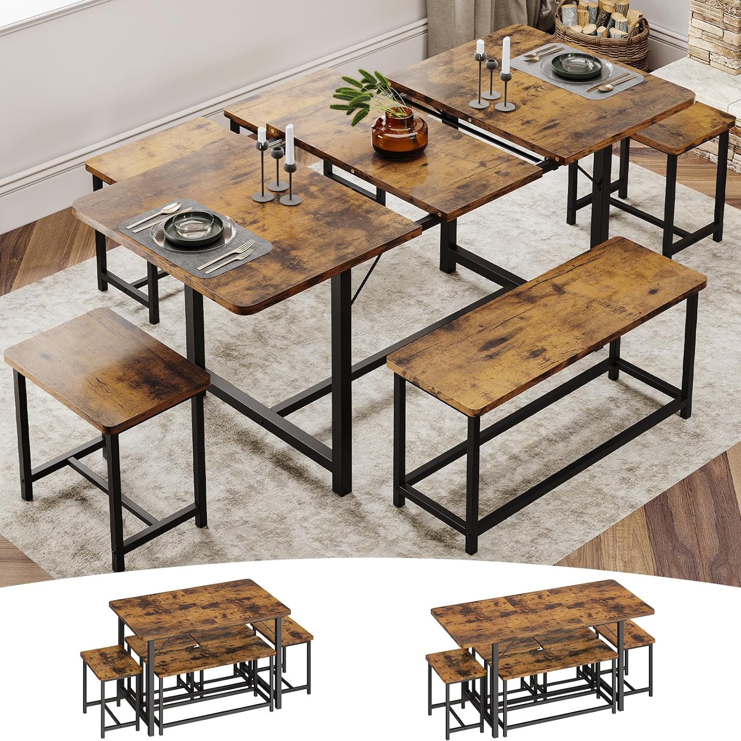 U-ToBe 6-Piece Dining Table Set for 4-6 People, 63" Extendable Kitchen ...