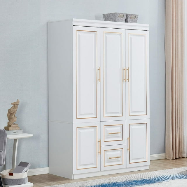 U-ToBe 74" H 3 Doors 2 Drawers White Bedroom Wardrobe Armoire Closet ...