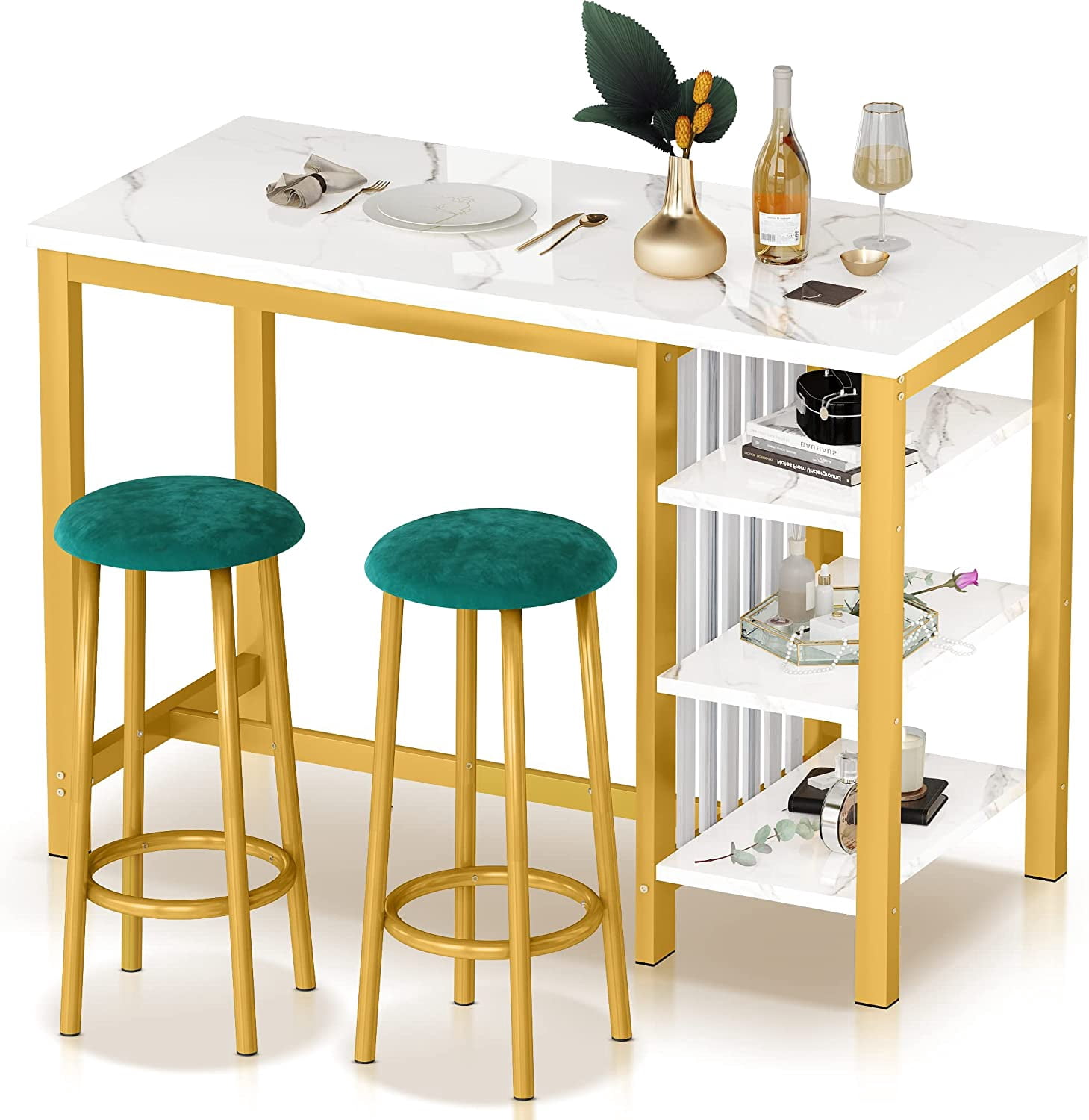 U-ToBe Bar Table Set with Storage Shelves,47" White Modern Faux Marble ...