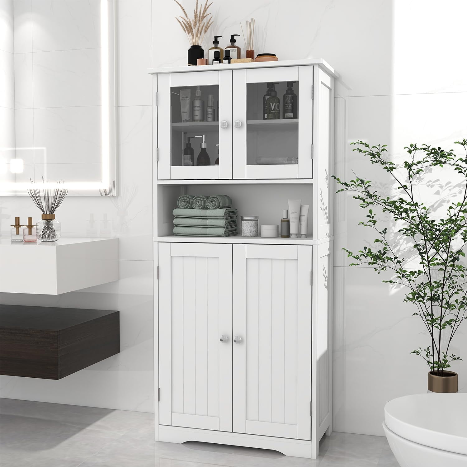 U-ToBe Bathroom Cabinet, Floor Storage Cabinet Freestanding w/Two Glass ...