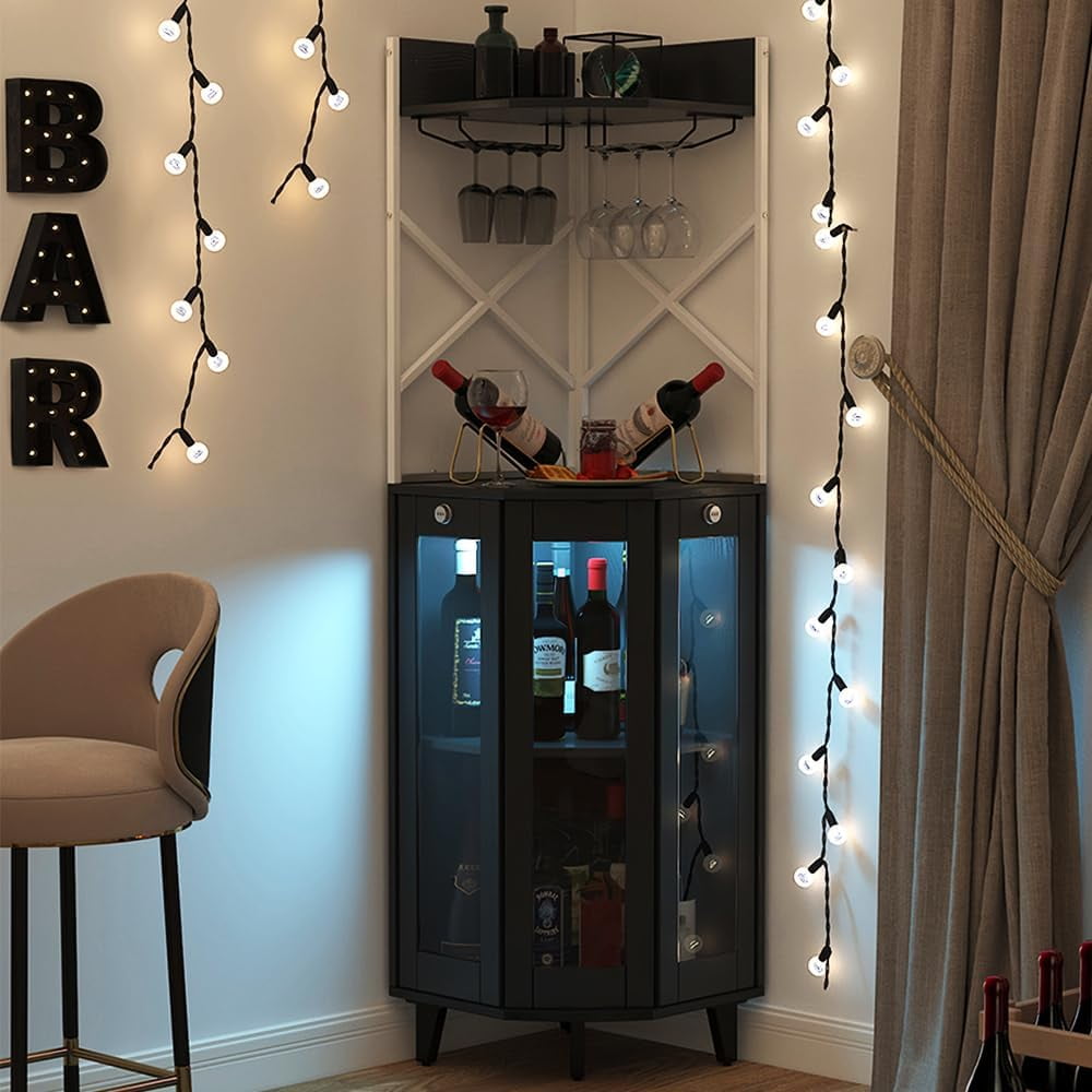 U-ToBe Corner Wine Cabinet with Locking Doors, Lockable Liquor Bar with ...