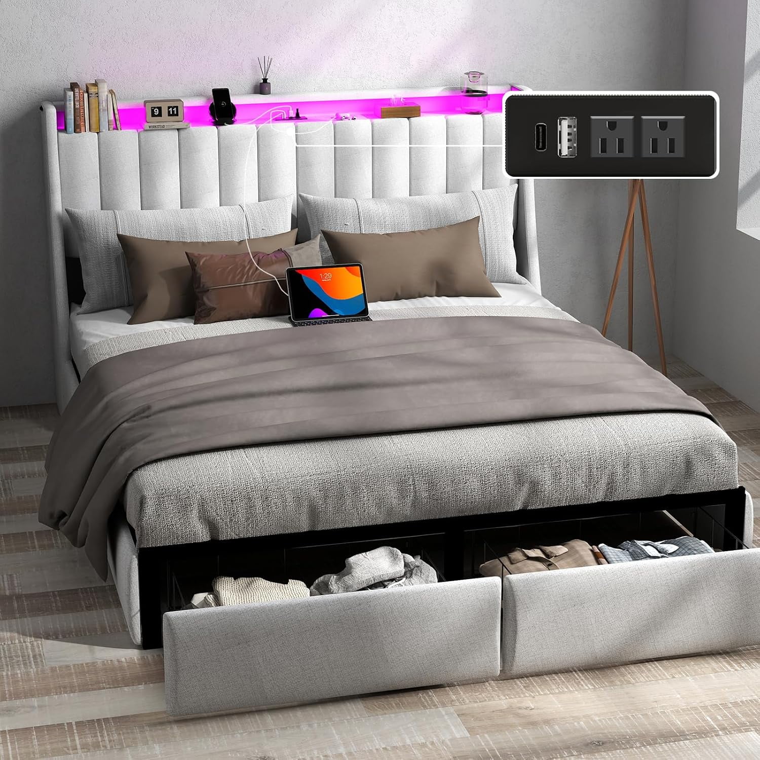 U-ToBe Full Bed Frame with 2 Storage Drawers and Wingback Upholstered ...