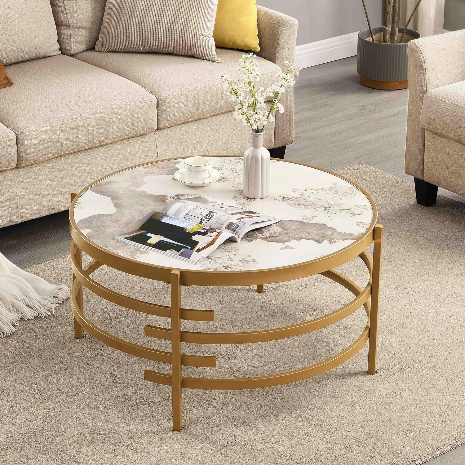 U-ToBe Gold Coffee Table Marble Stone Living Room Table Modern Sofa ...