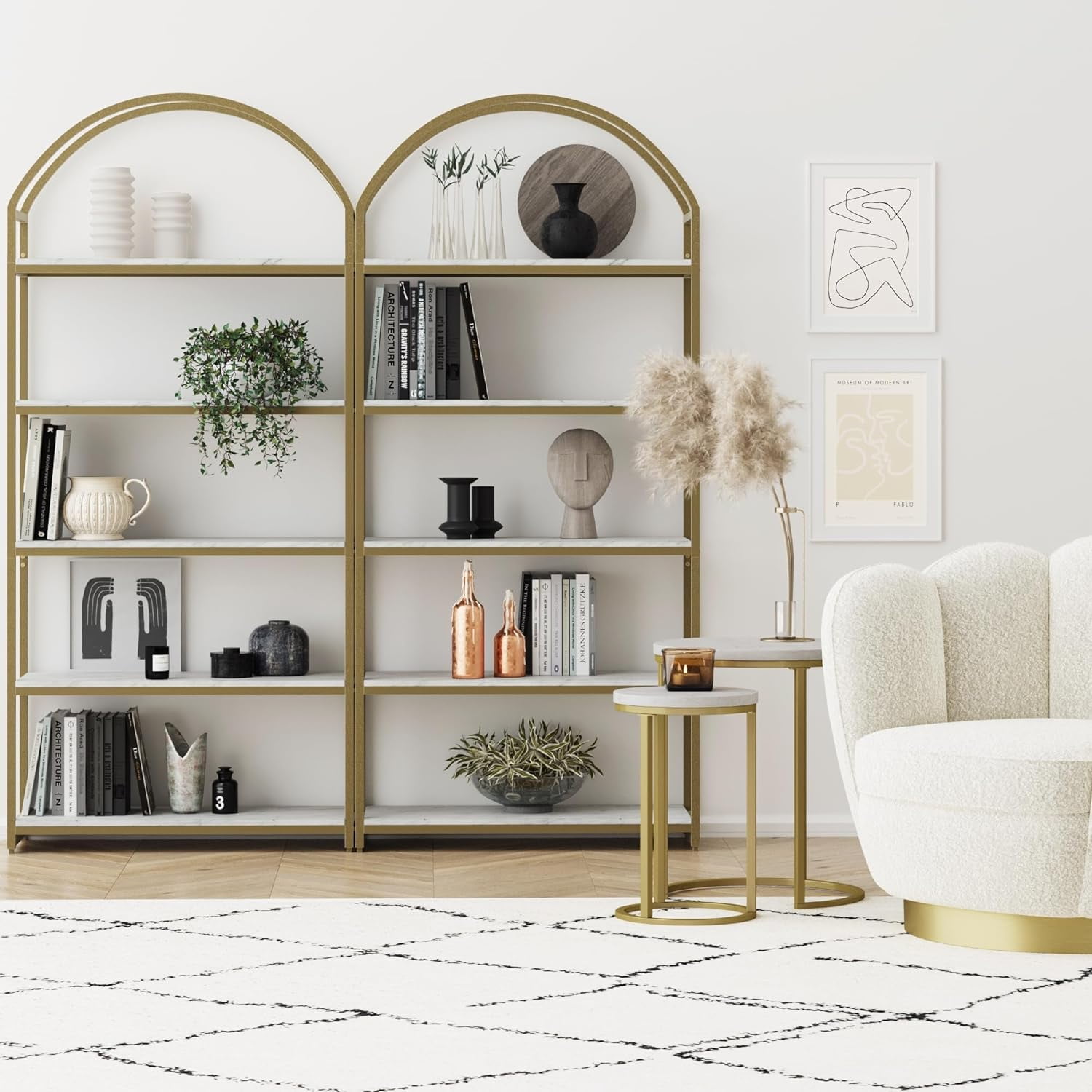 U-ToBe Haven Etagere Bookshelf, 5-Shelf Faux Marble Bookcase in White ...