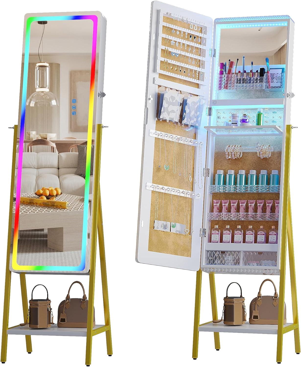 U-ToBe LED RGB Jewelry Armoire Freestanding, 24 Color Dimmable 47.2 ...