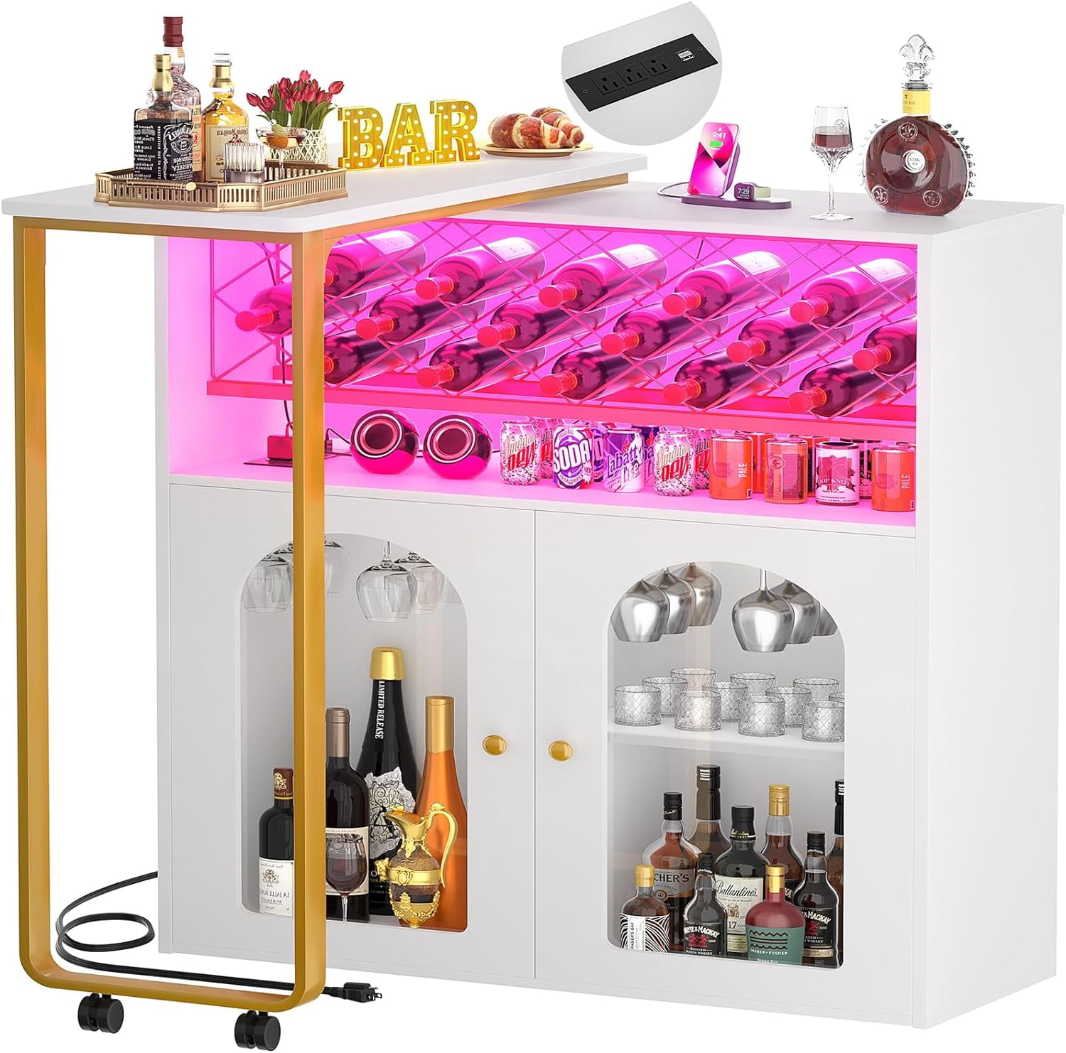 U-ToBe Rotating Wine Bar Cabinet, Tall Home Bar with LED Lights & Power ...