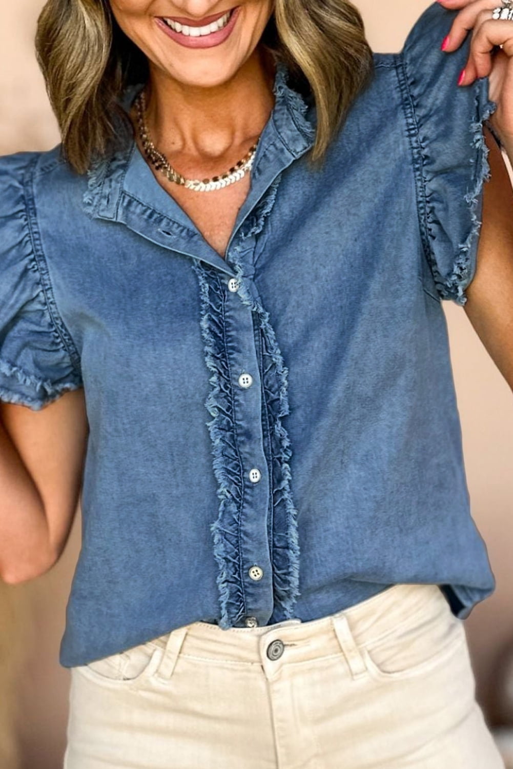 U.Vomade Ashleigh Blue Flutter Top - Frayed Denim, Button Front, Chic ...