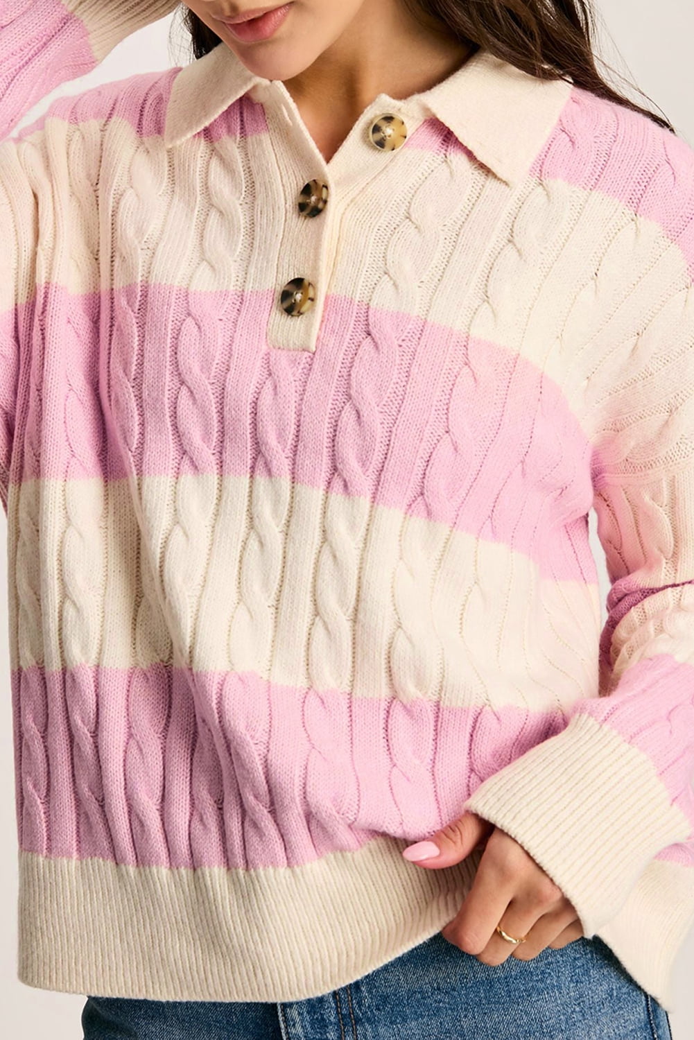 U.Vomade Chic Pink Stripe Henley - Soft Cable Knit Essential - Walmart.com