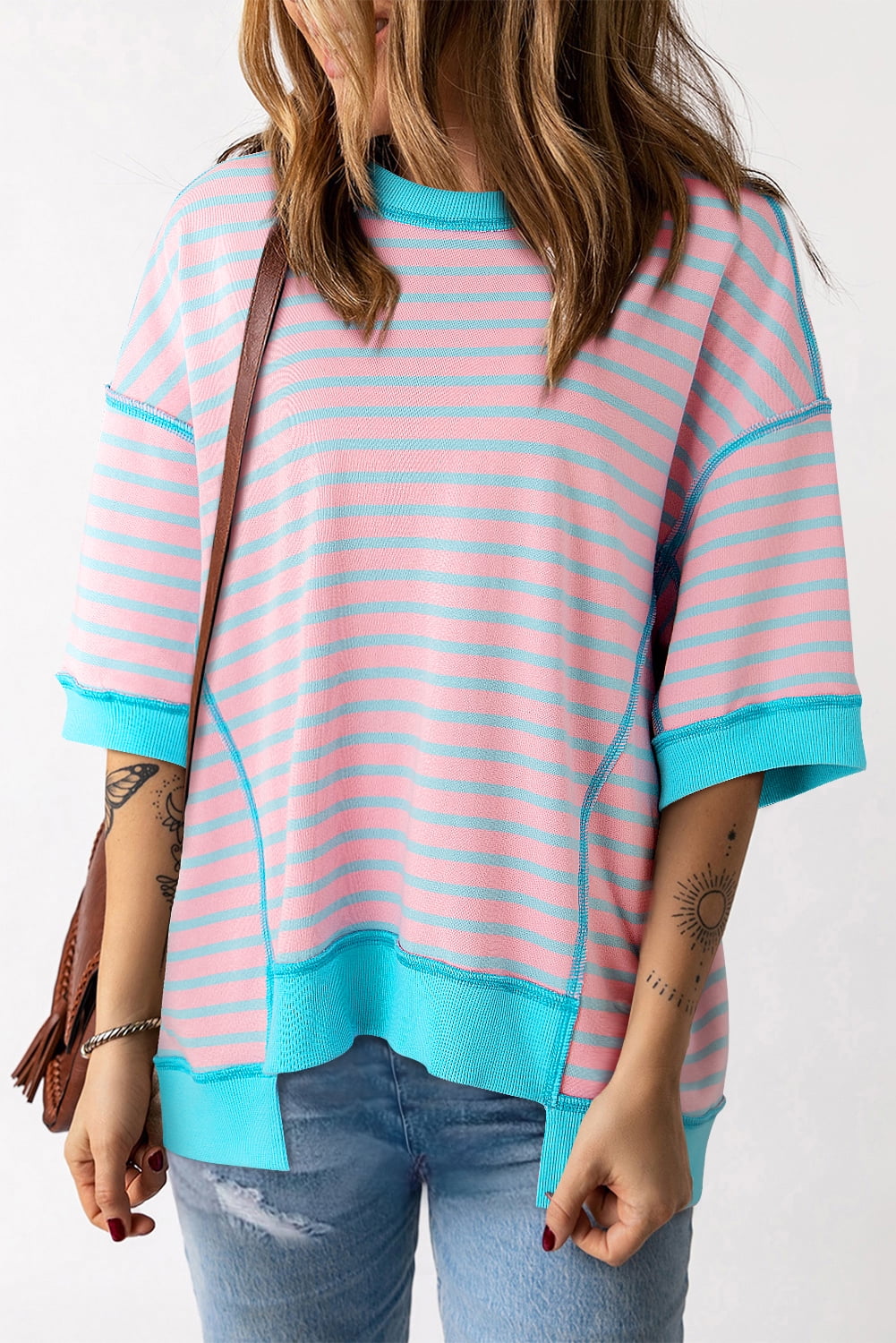 U.Vomade Chic Pink Stripe Oversized Tee - Exposed Seam High Low Fit ...