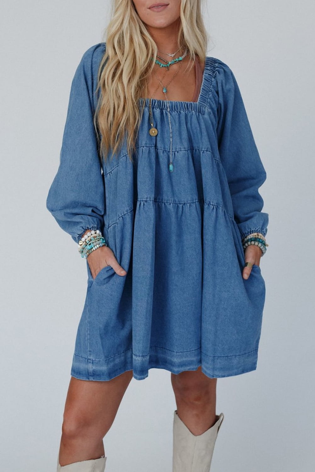 U.Vomade Dusk Blue Square Neck Pocket Detail Relaxed Denim Mini Dress ...