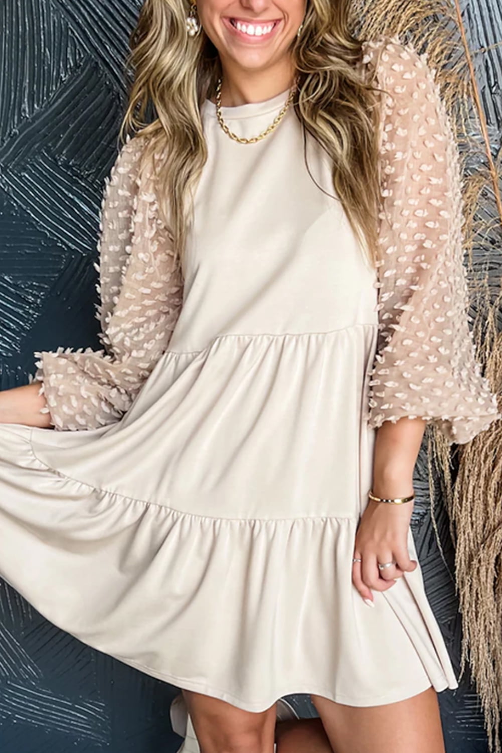 U.Vomade Elegant Beige Puff Sleeve Dress with Embellishments & Layers ...