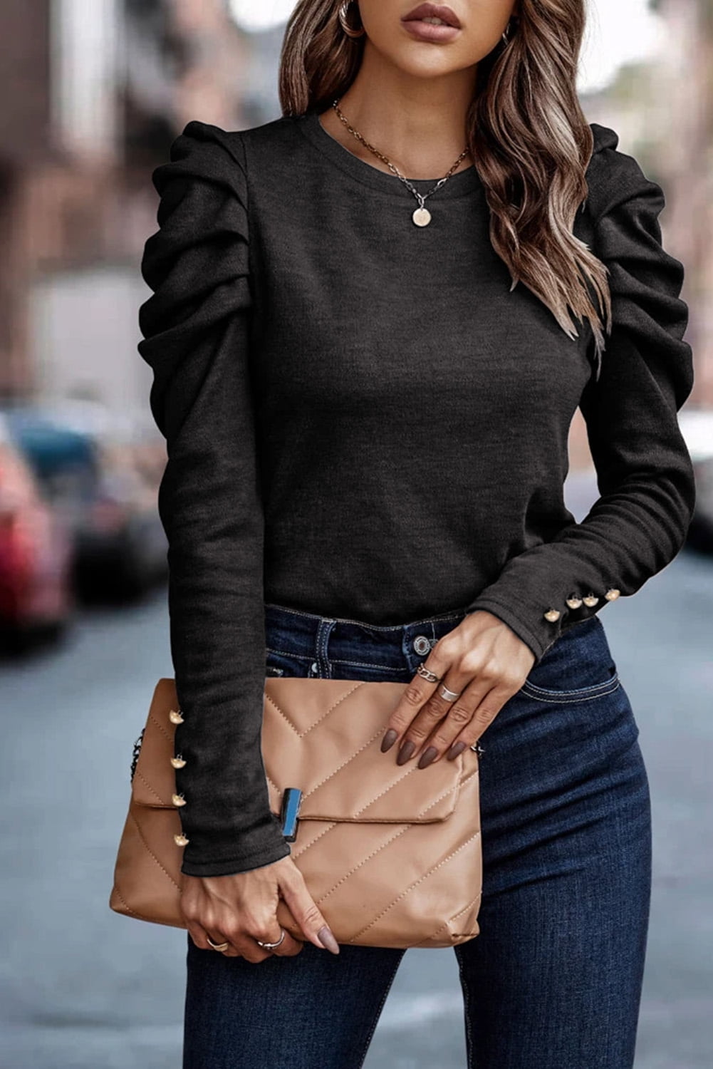 U.Vomade Elegant Black Sheath Top - Button Puff Sleeves, Fit for ...