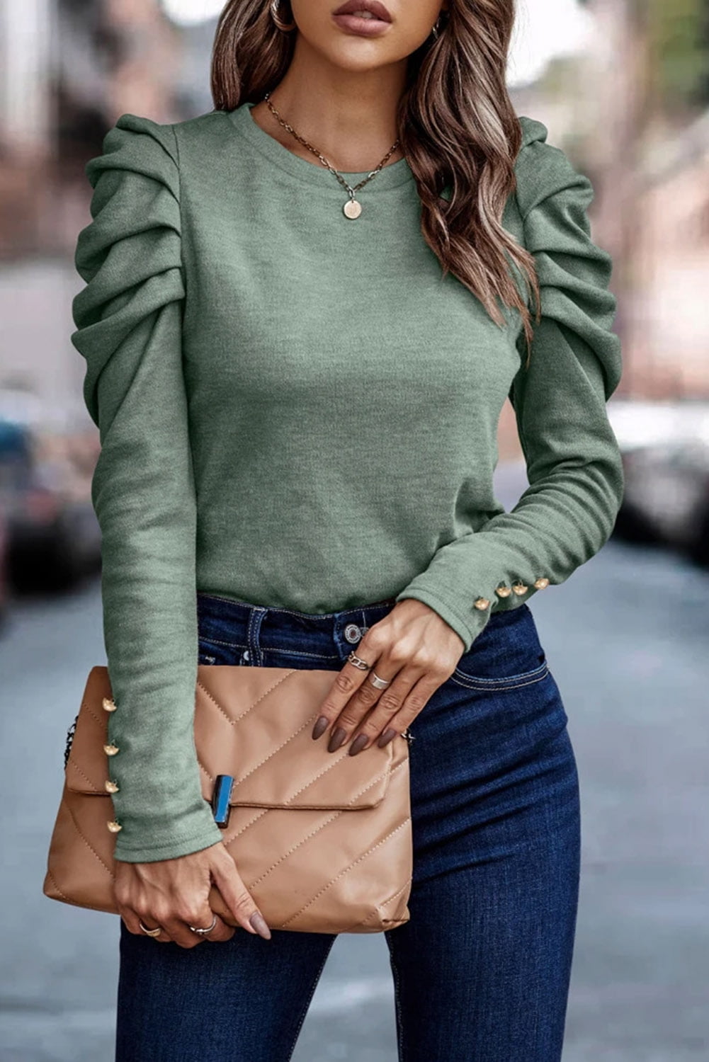 U.Vomade Elegant Green Sheath Top with Button Cuffs, Long Sleeves, Fit ...